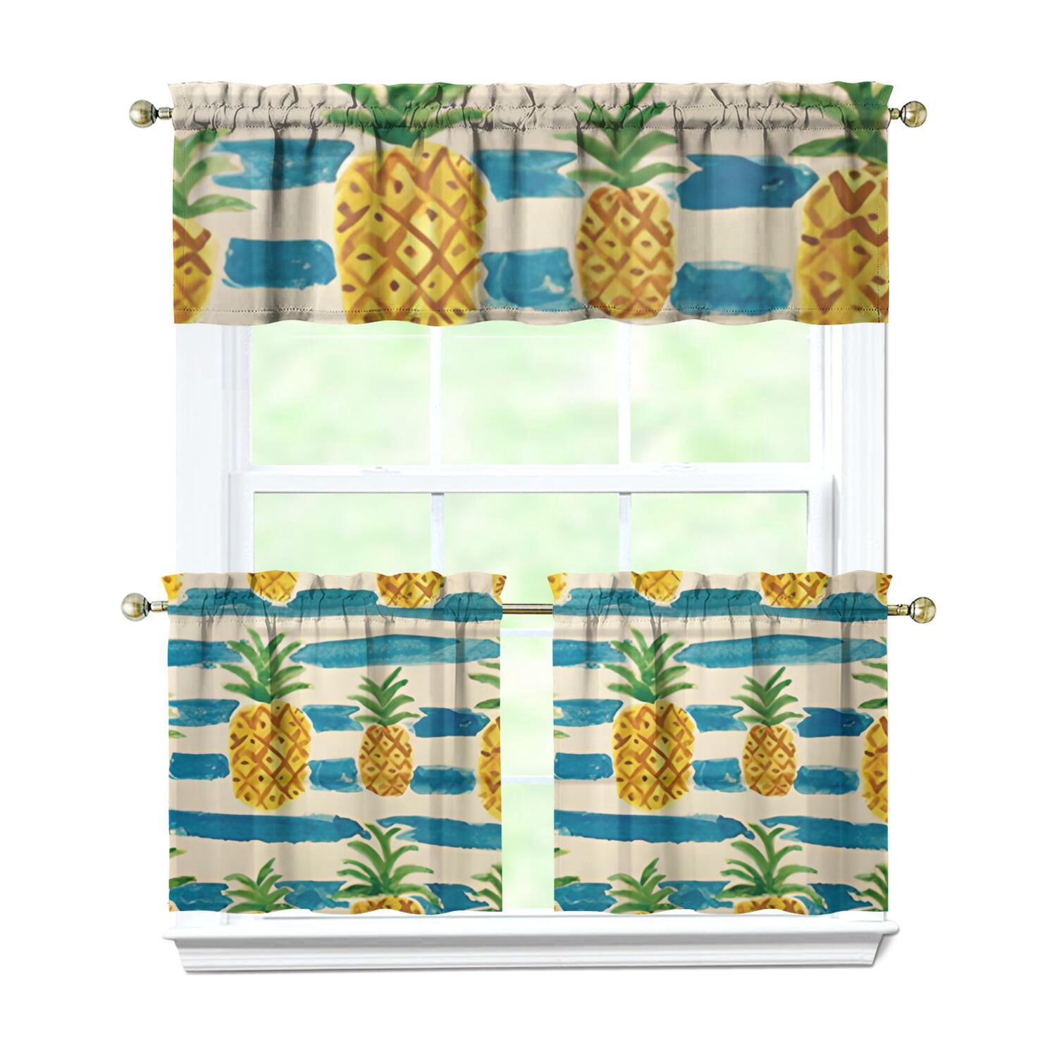 Pineapple Kitchen Curtains 3 Piece Set Hawaiian Tropical Tier