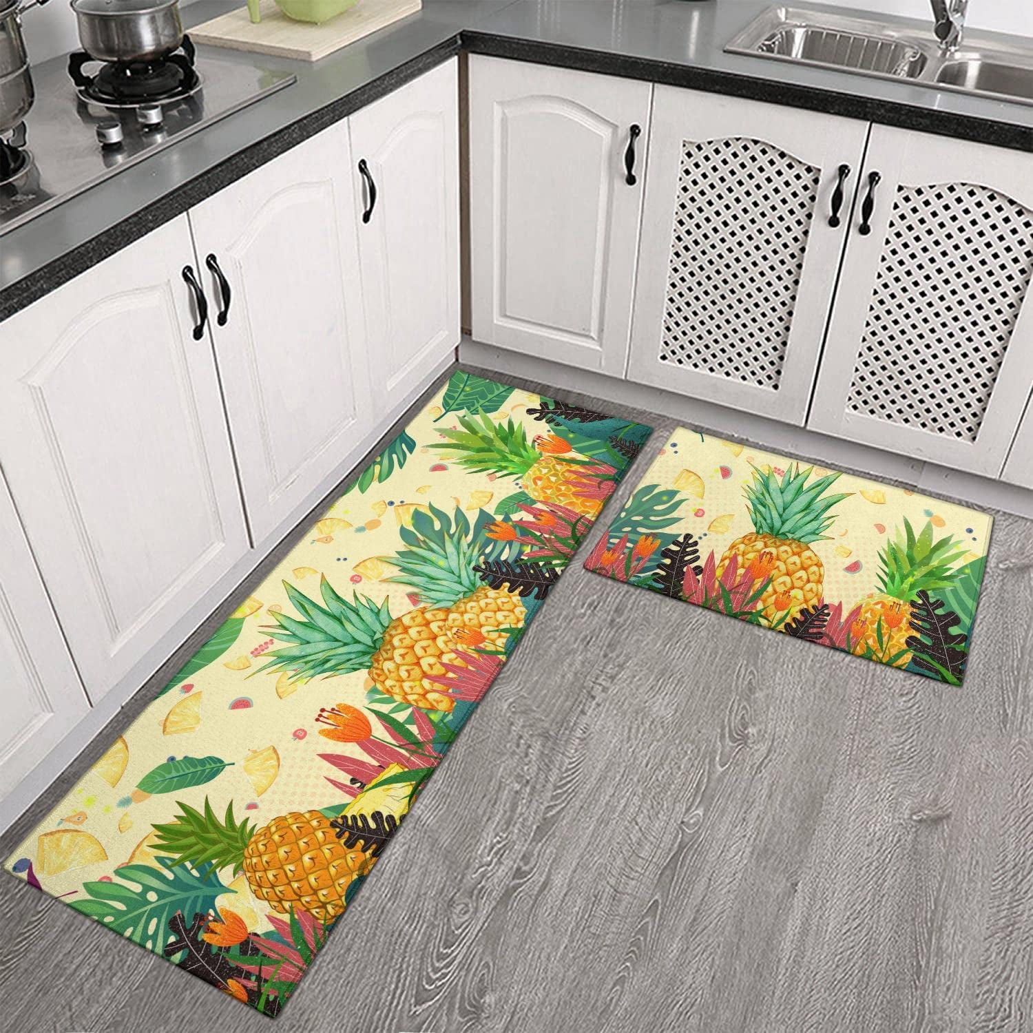 Pineapple Kitchen Mats Set 2 Piece Colourful Printed Decorative Rugs for Kitchen Low-Profile ...