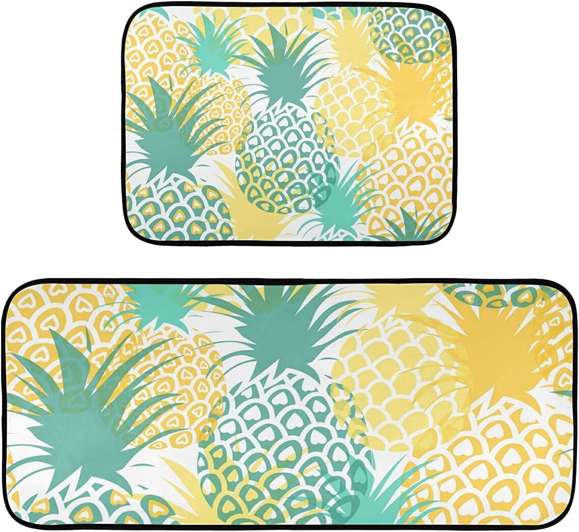 Pineapple Kitchen Rugs and Mats Set 2 Piece Non Slip Washable Teal ...