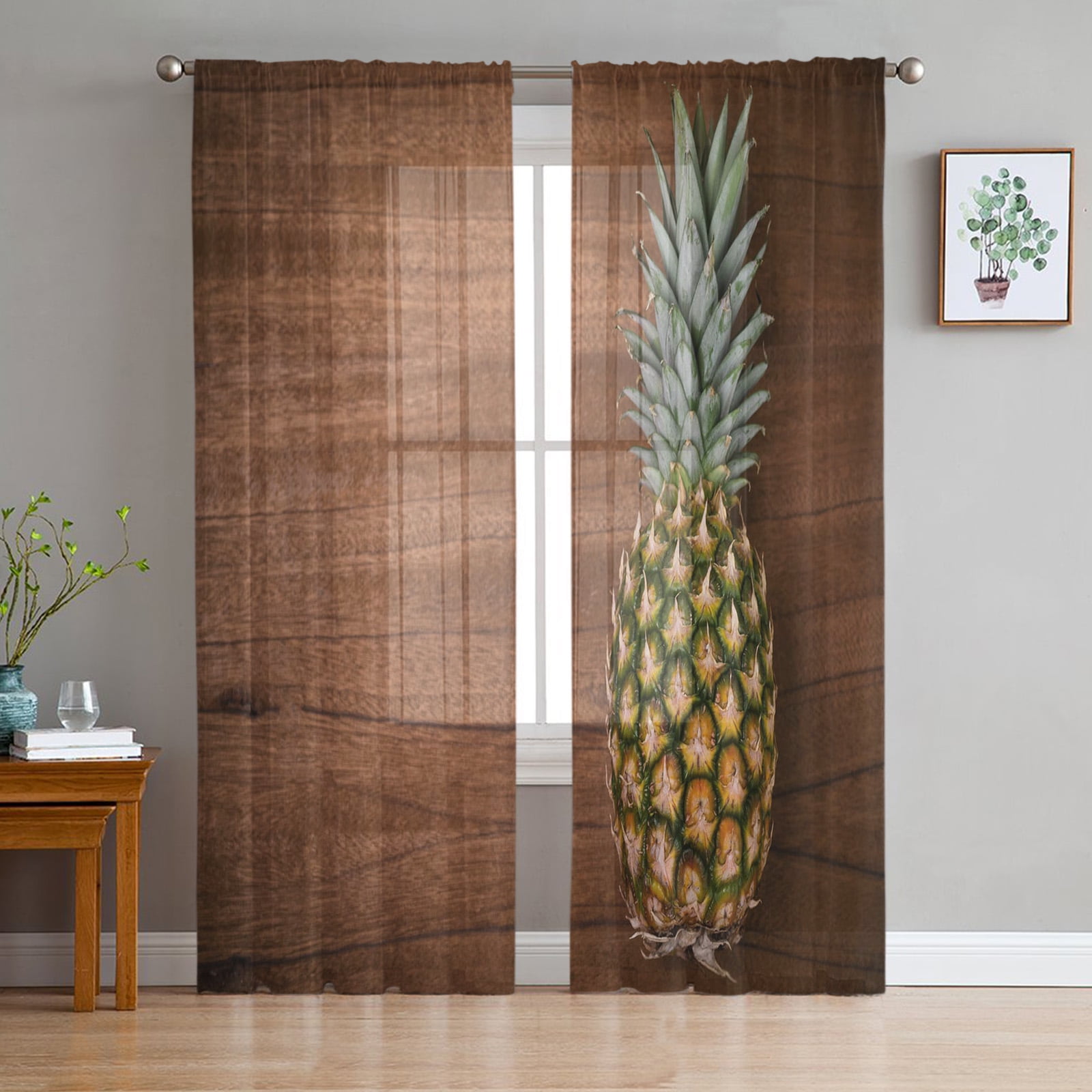 Pineapple Leaves Wooden Board Texture Tulle Curtains for Living Room ...