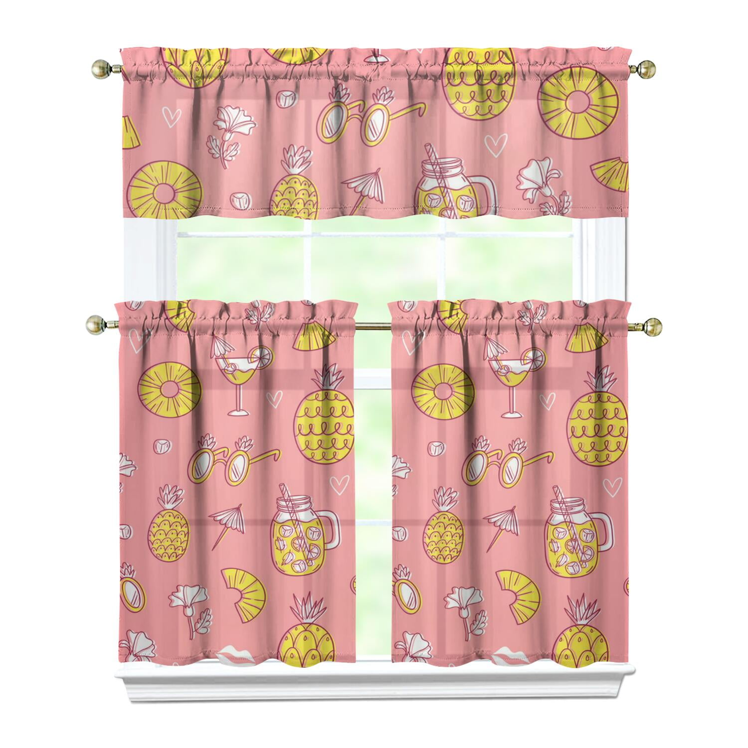 Pineapple Lover Kitchen Curtains Set with Yellow Tropical Fruit Pattern ...