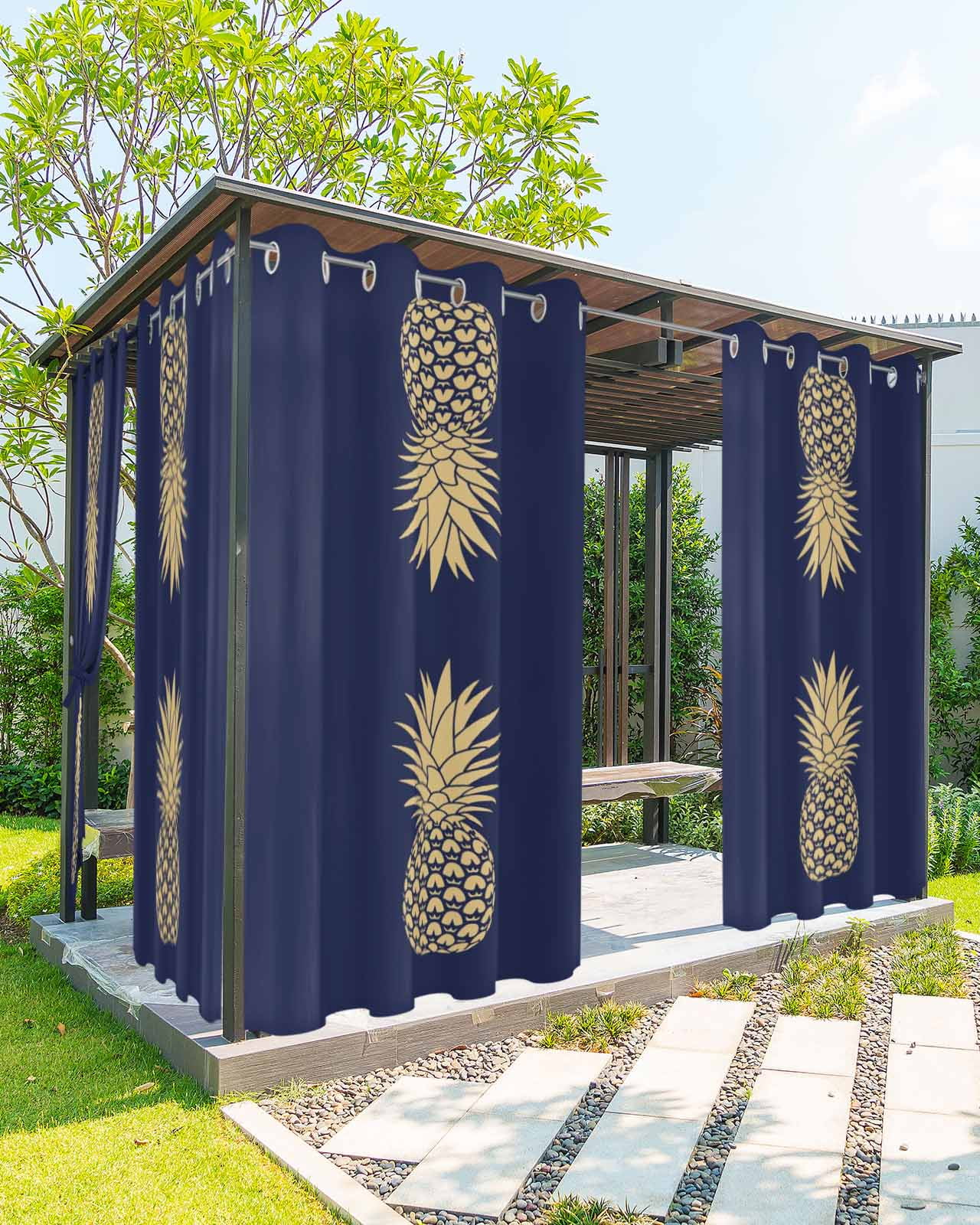 Pineapple Outdoor Curtains for Patio, Gold Yellow Navy Blue Tropical ...