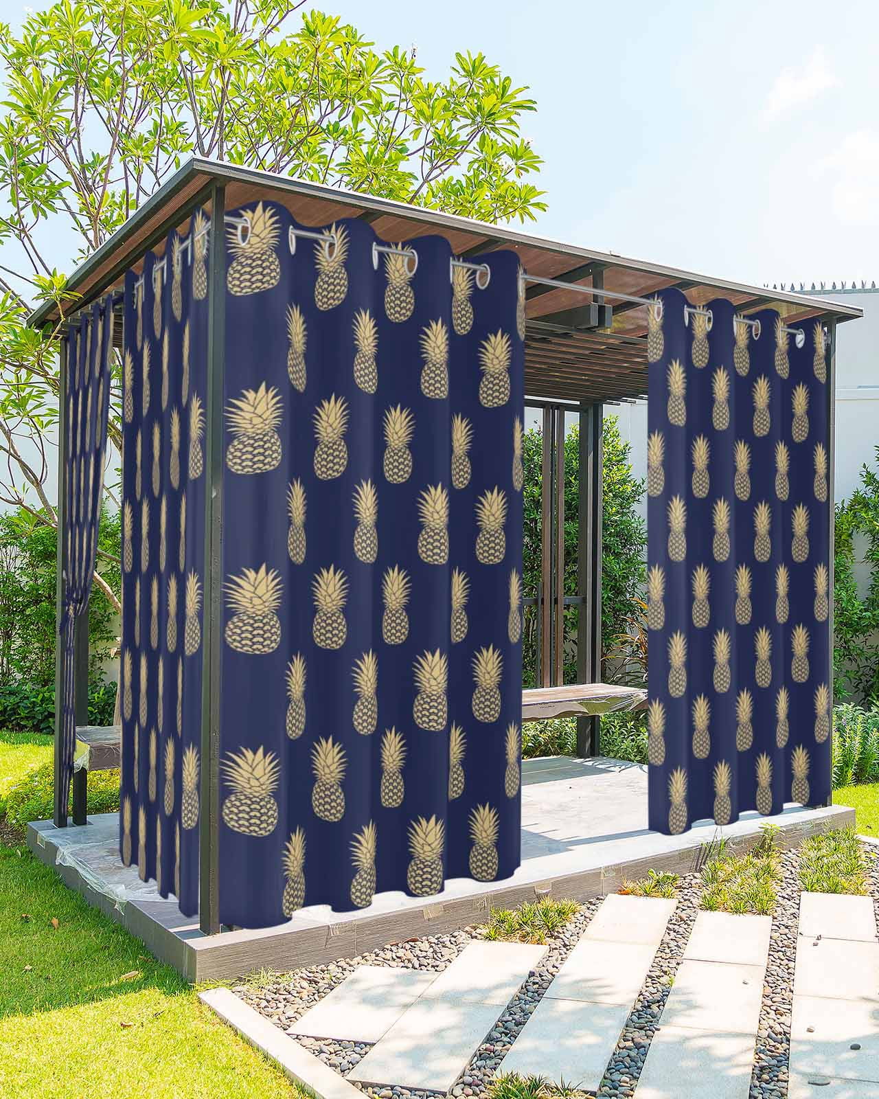 Pineapple Outdoor Curtains for Patio Waterproof, Yellow Fruit Navy Blue ...