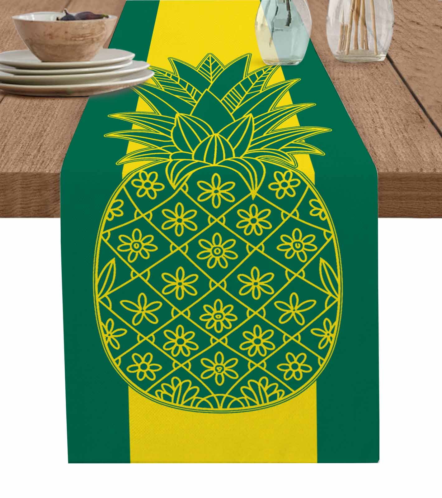 Pineapple Table Runner 90 Inches, Boho Tropical Dark Green Yellow Stripe Summer Bed Runner ...