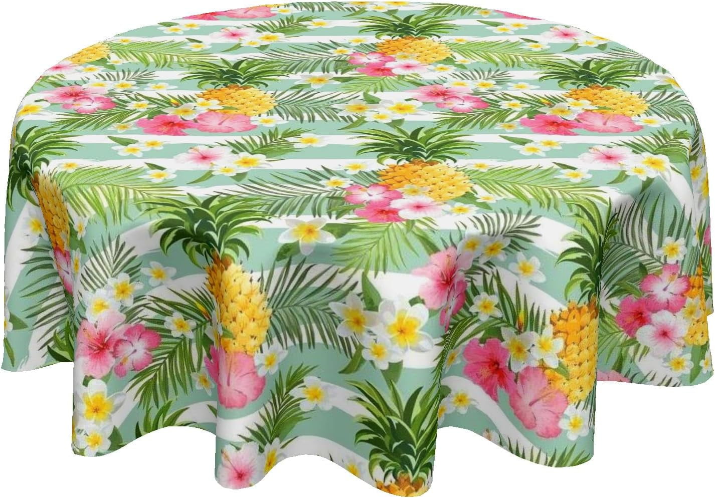 Pineapple Tablecloth Round 60 Inch Summer Fruit Floral Green and White ...