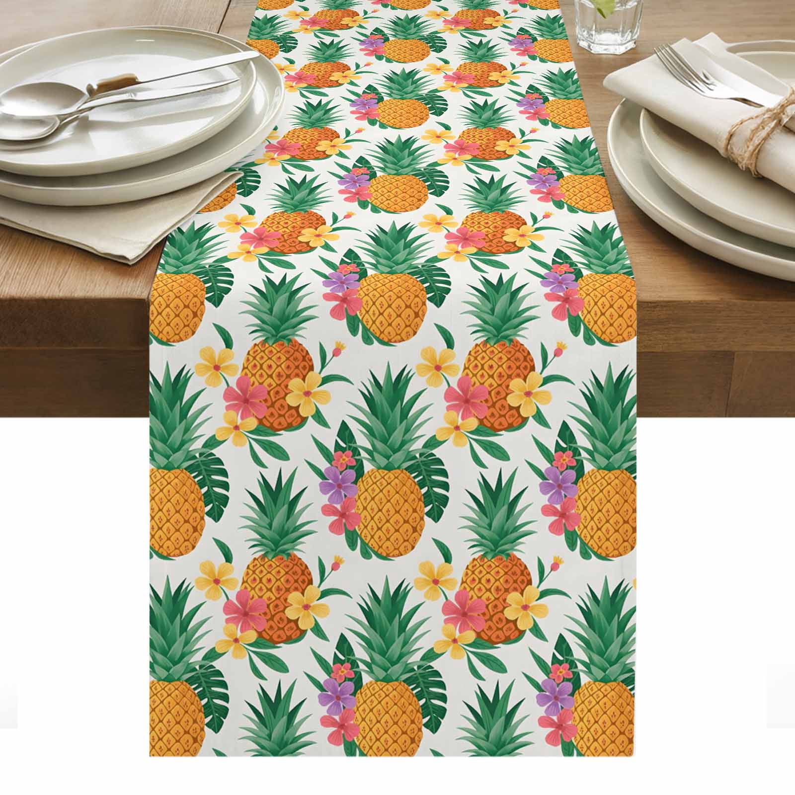 Pineapple Tropical Leaves Cotton Linen Table Runner Summer Watercolor ...