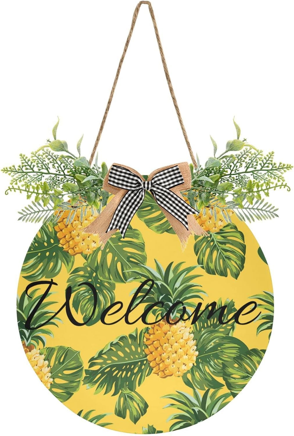 Pineapple Tropical Leaves Welcome Sign for Front Door, Round Sign ...