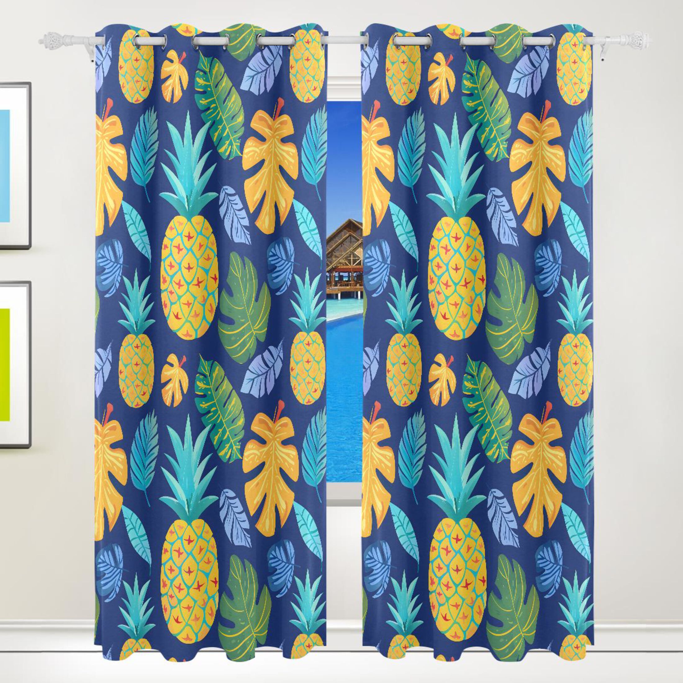 Pineapple and Tropical Leaf Blackout Curtains 84 inch Length 2 Panels ...