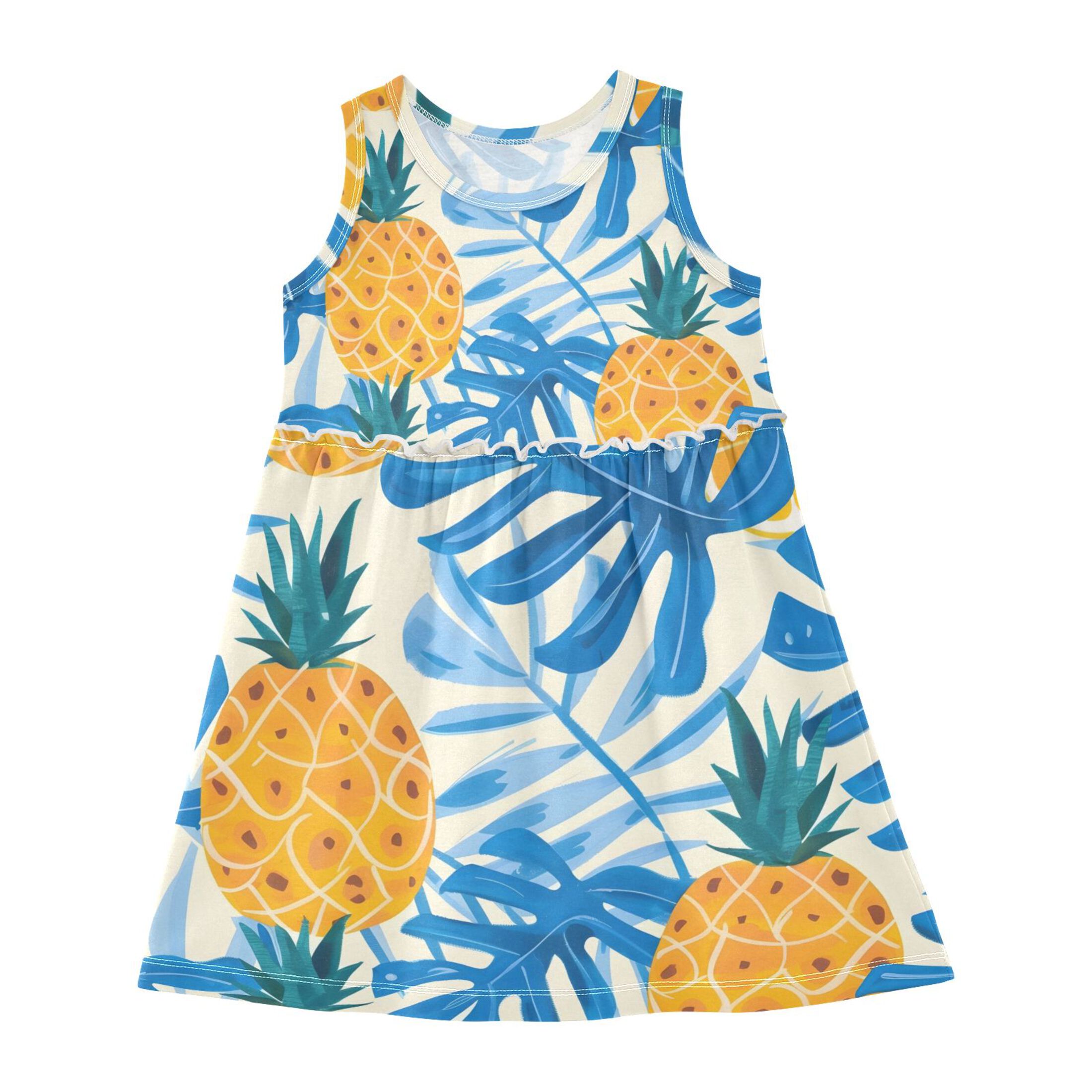Pineapples Blue Palm Leaves Girls' Sleeveless Dress A-Line One-Piece ...