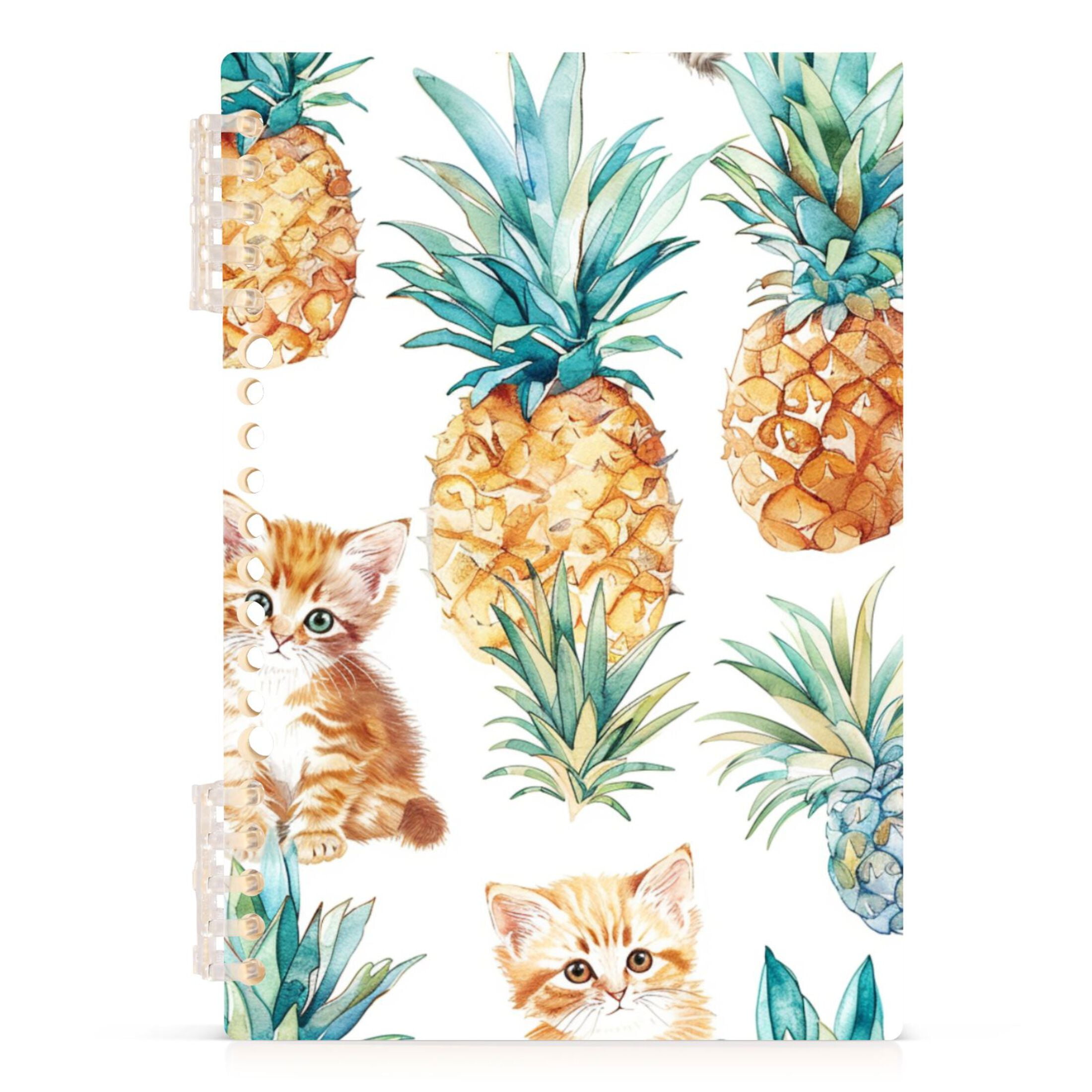 Pineapples Cats Ring Binder Notebook Journey Note Diary College Ruled Spiral Notebook Study ...