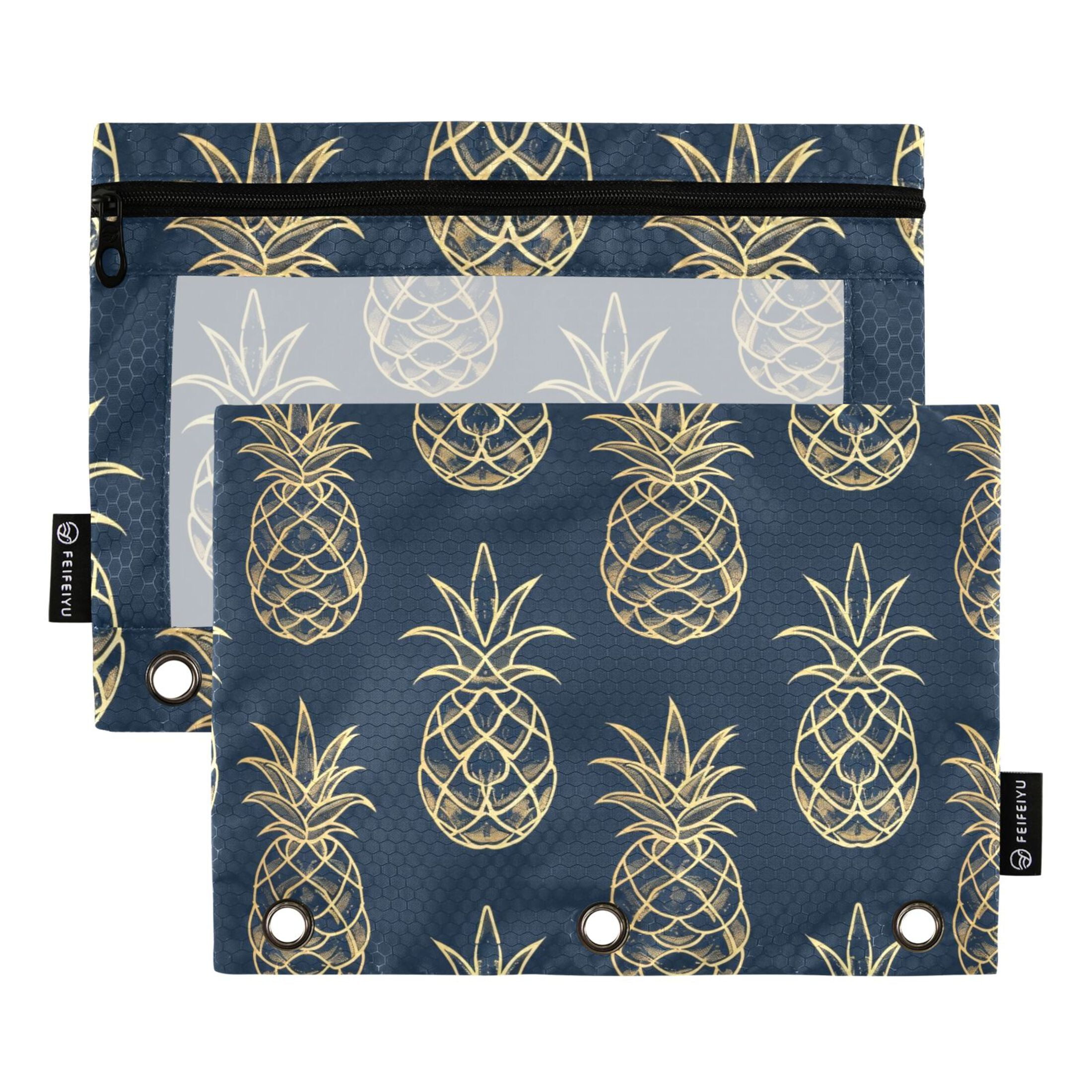 Pineapples Outline 2 Pack Pencil Pouch for 3 Ring Binder Smooth Zipper Folders with Pockets ...