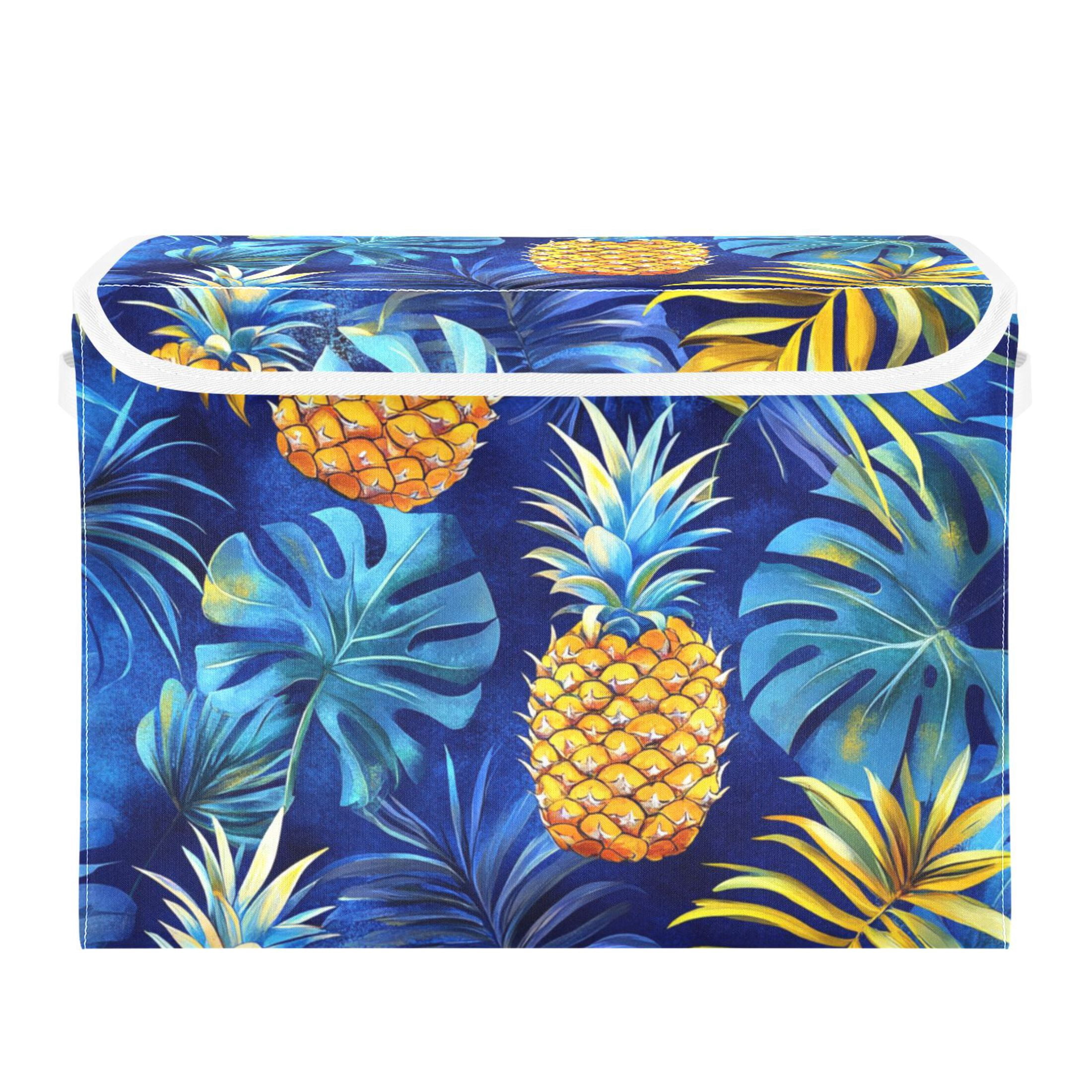 Pineapples and Tropical Leaves on Blue Large Storage Bins with Linen ...