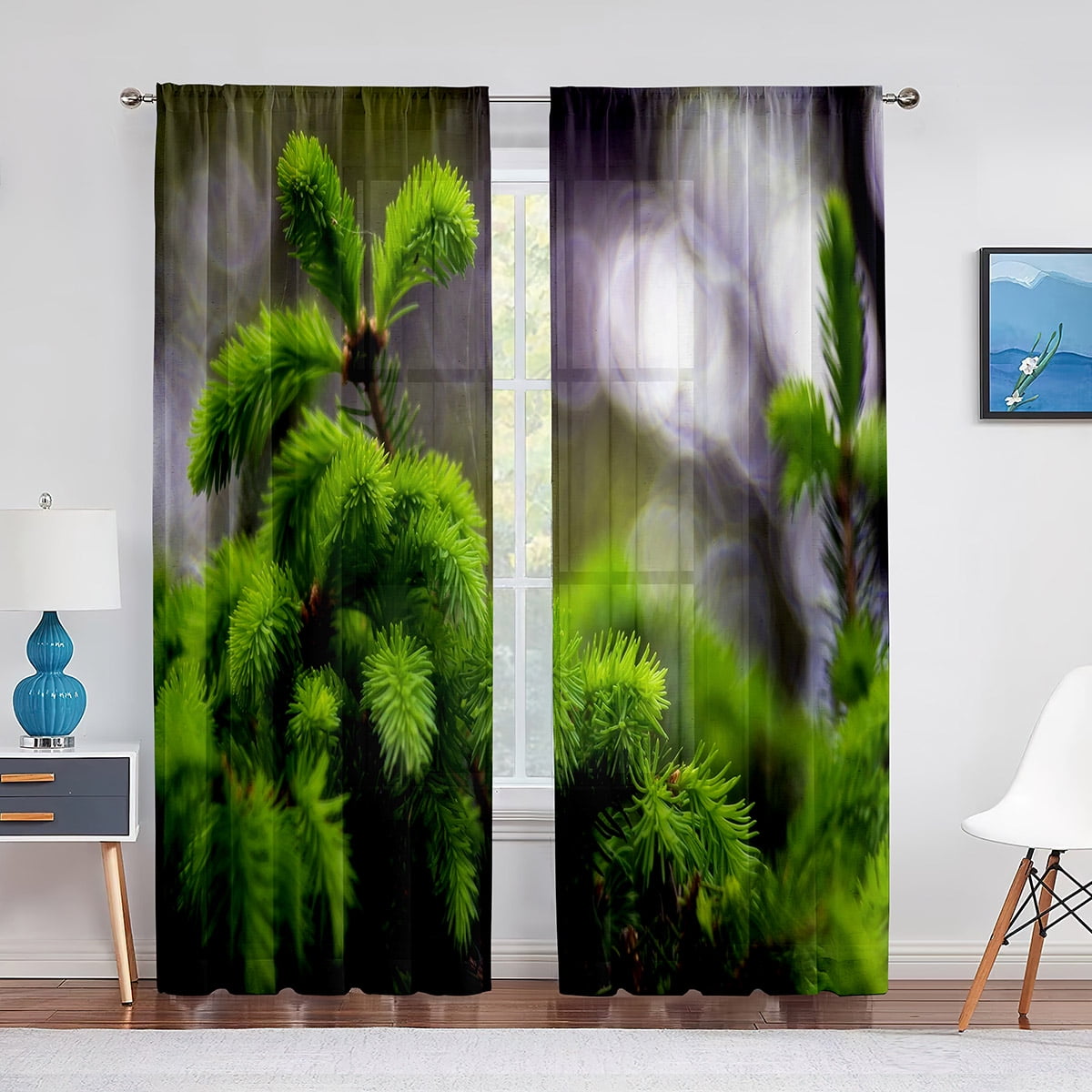 Pinec Pine Tree Branches Sheer Voile Curtain for Living Room Bedroom ...