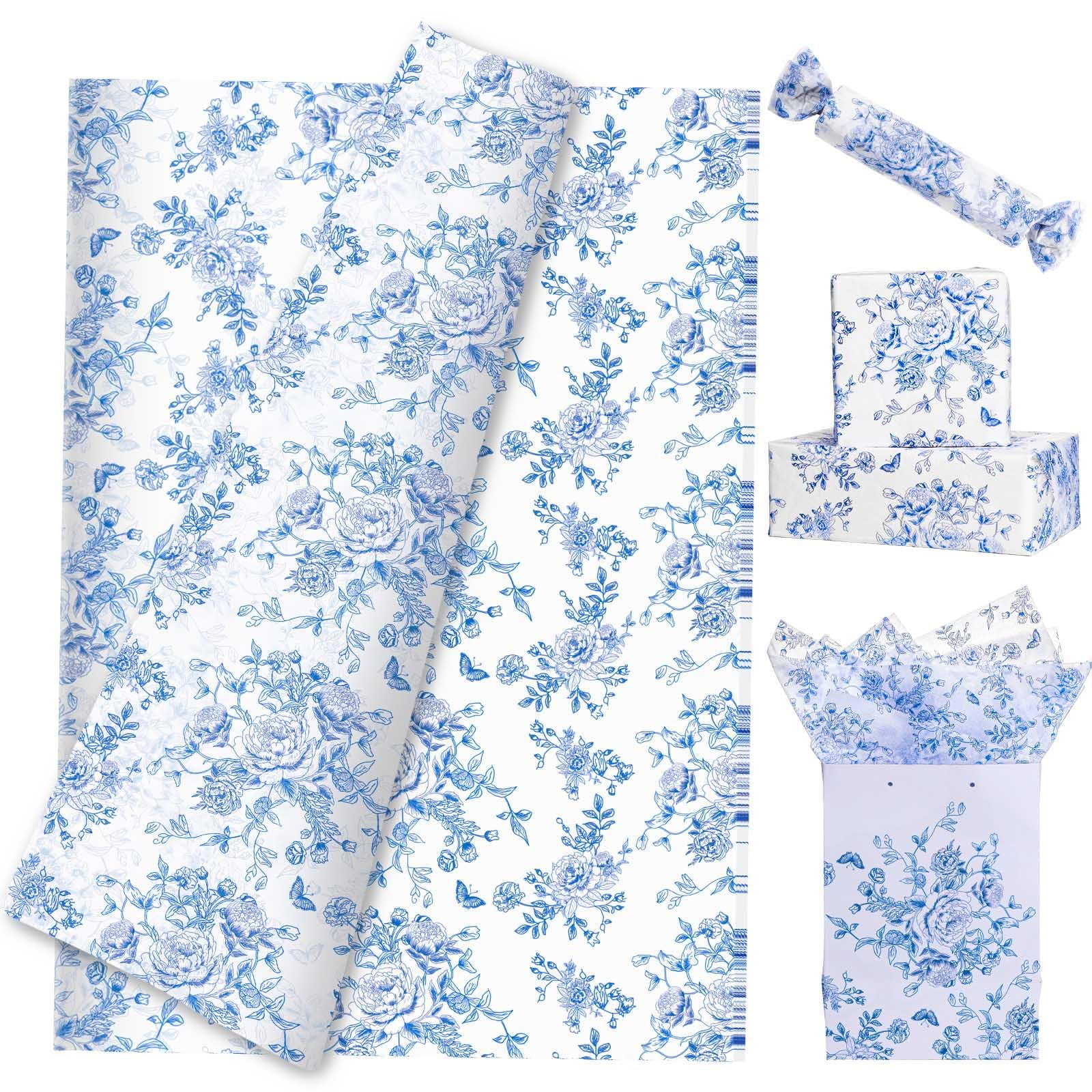 Pineraap 100 Sheets Blue MMF7 Floral Tissue Paper, Chinoiserie Wrapping ...