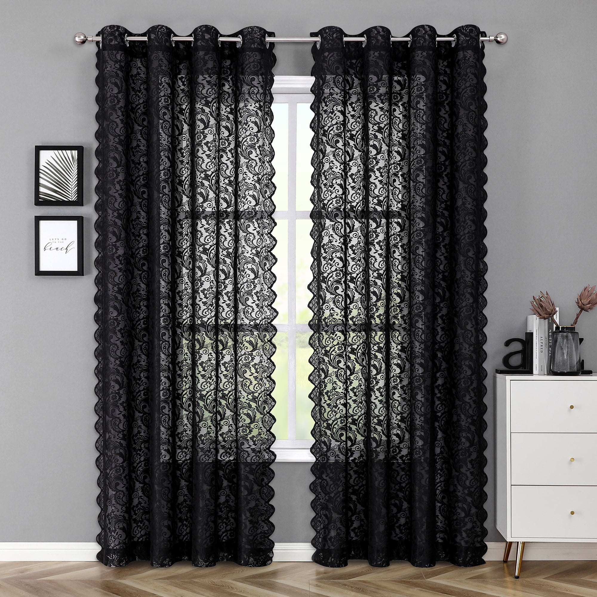 Pinewave Black Lace Curtains Vintage Floral Sheer Curtain 84 inch for ...