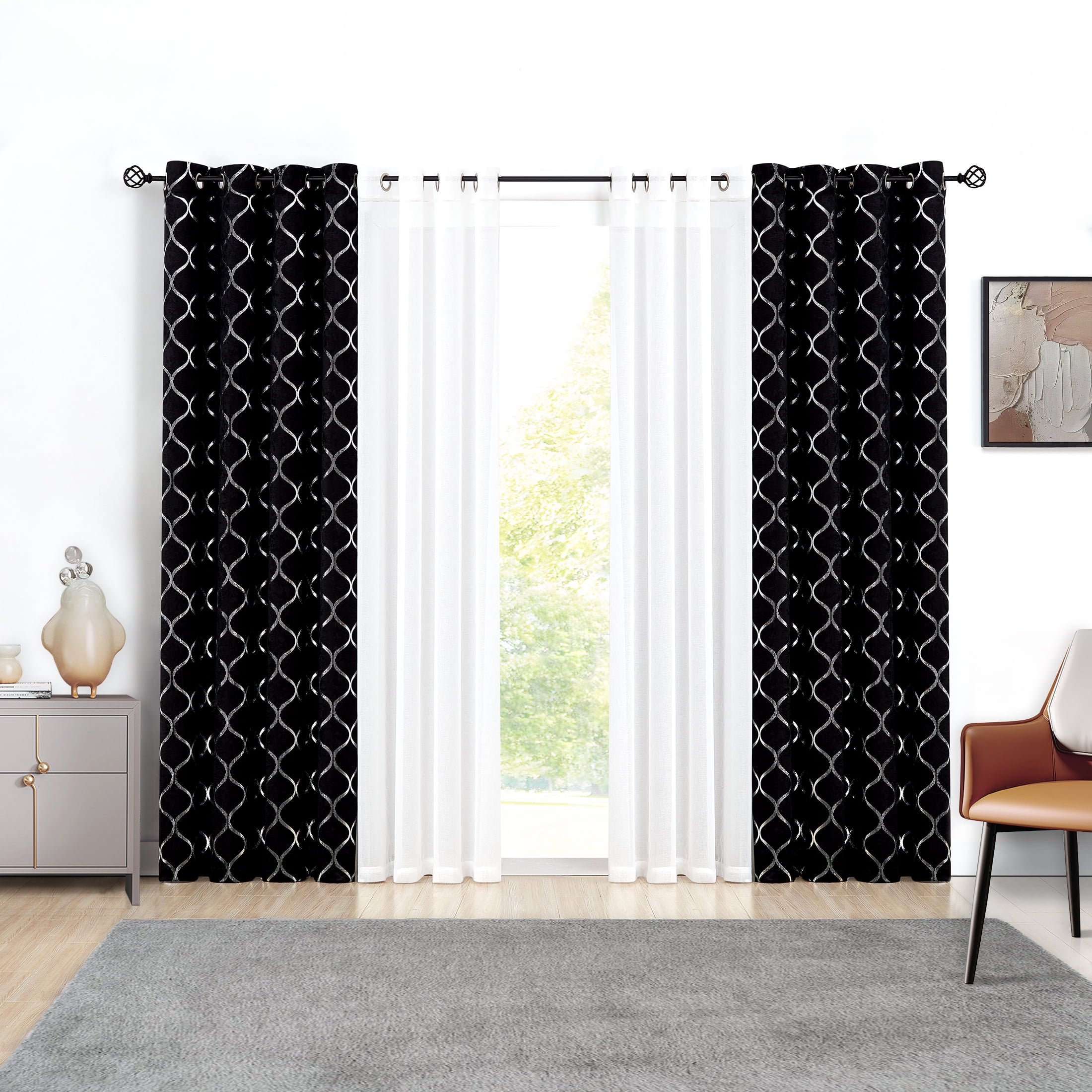Pinewave Black and Silver Mix Window Curtain Set with Moroccan Blackout ...