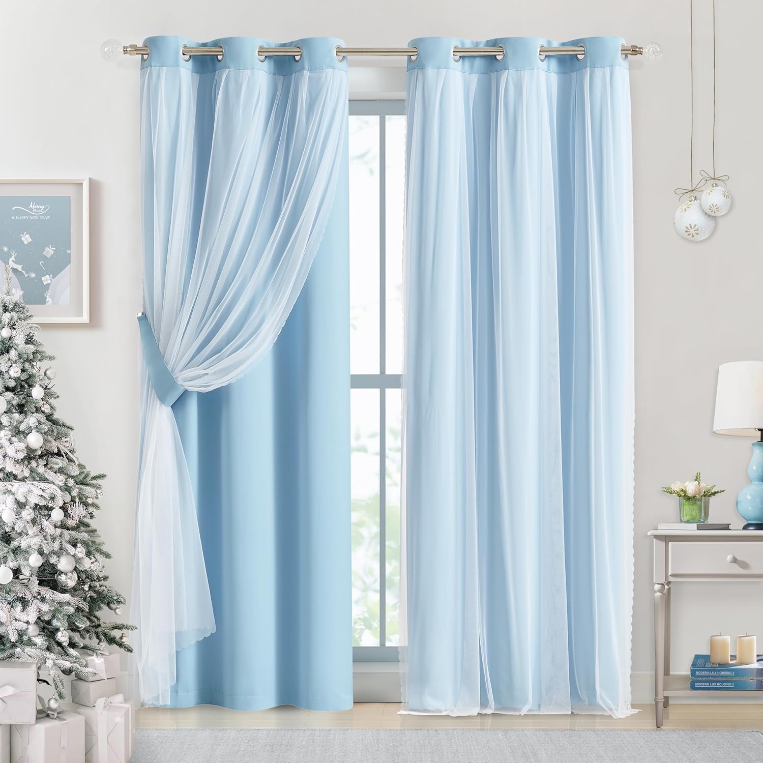 Pinewave Modern Blue Solid Print Blackout Kitchen Curtains, 37 x 95 In ...
