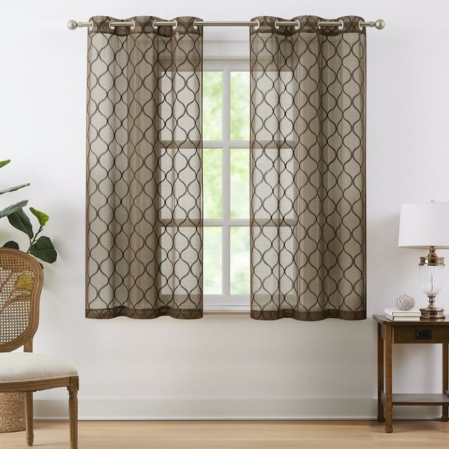 Pinewave Brown Sheer Curtains Embroidery Geometric Short Curtain Panels ...