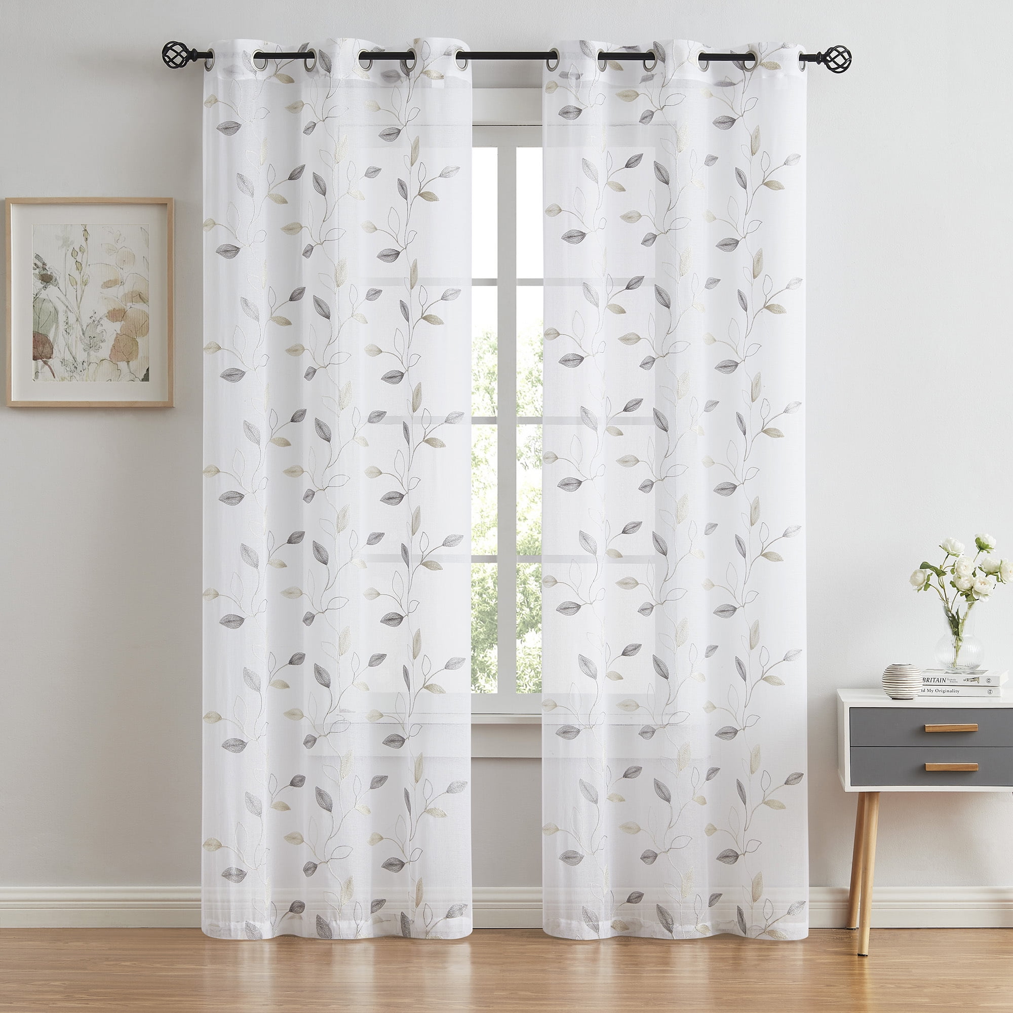 Pinewave Embroidered Leaf Sheer Curtains 63 inch Light Filtering Window ...