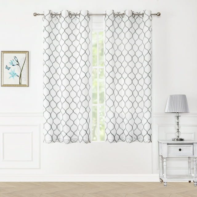 Pinewave Grey And White Sheer Curtains Embroidered For Living Room Privacy Moroccan Grommet Top