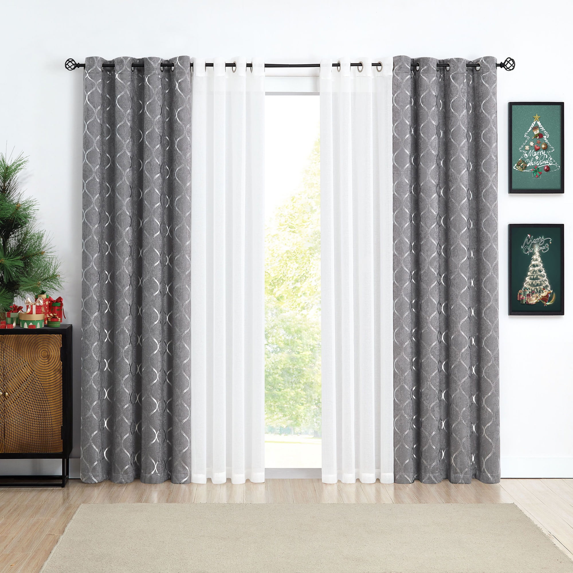 Pinewave Grommet Room Darkening Blackout Curtain Silver Geometric ...