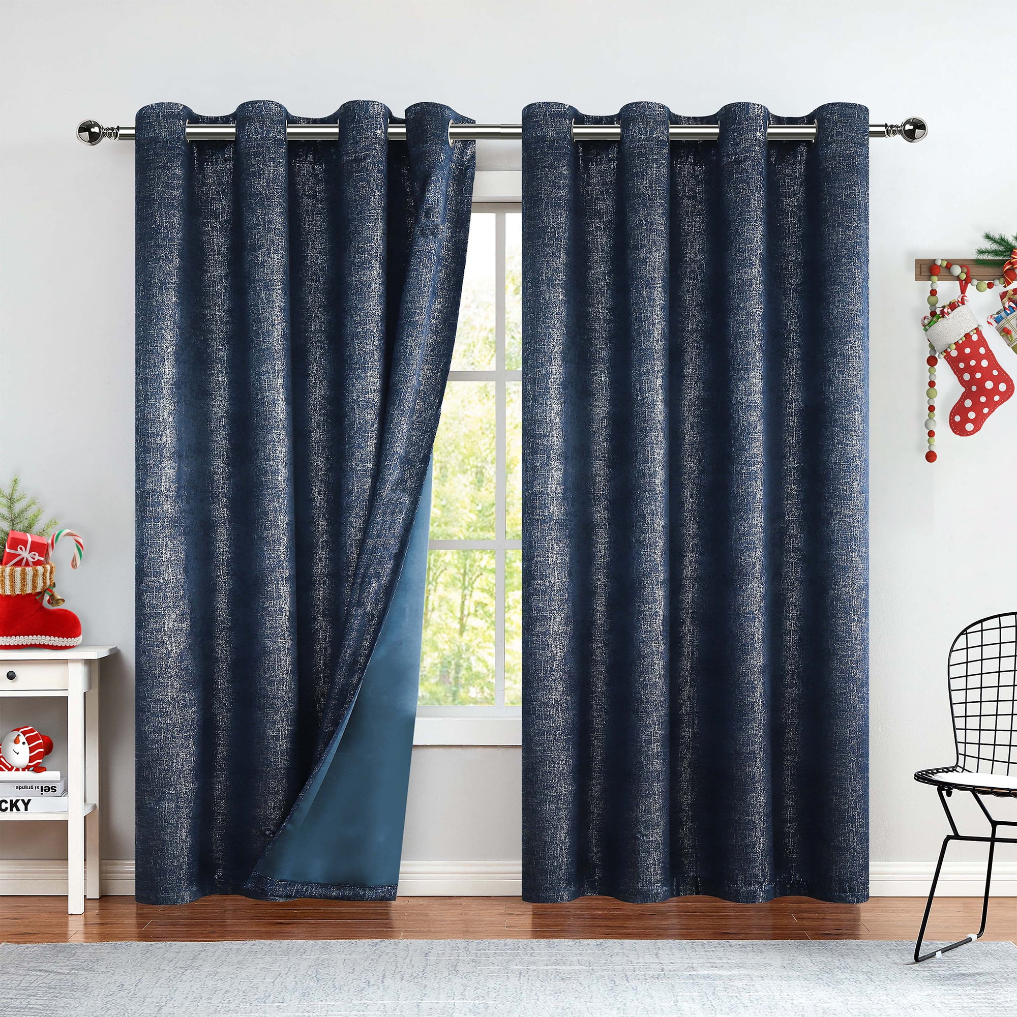Pinewave Navy Blackout Curtains Set Silver Sparkle Patterned Window ...