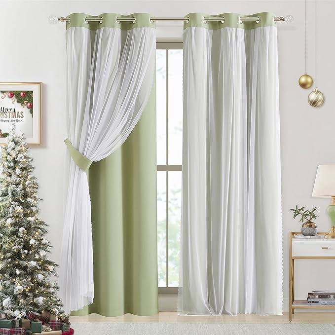 Pinewave Sage Green Blackout Curtains with Sheer Overlay Mix and Match ...