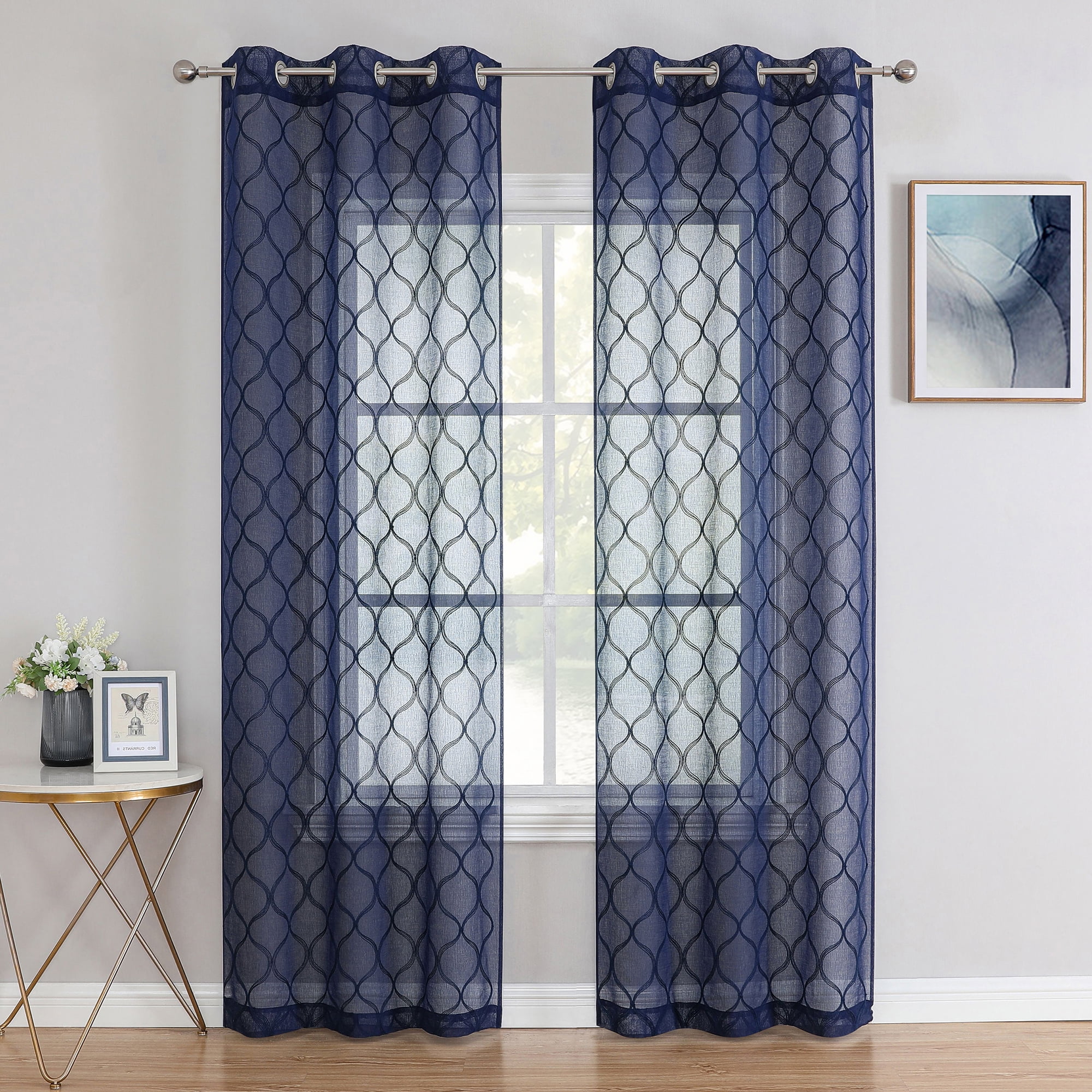 Pinewave Modern Navy Floral Grommet Sheer Curtains, 38" x 84" (2 Panels ...