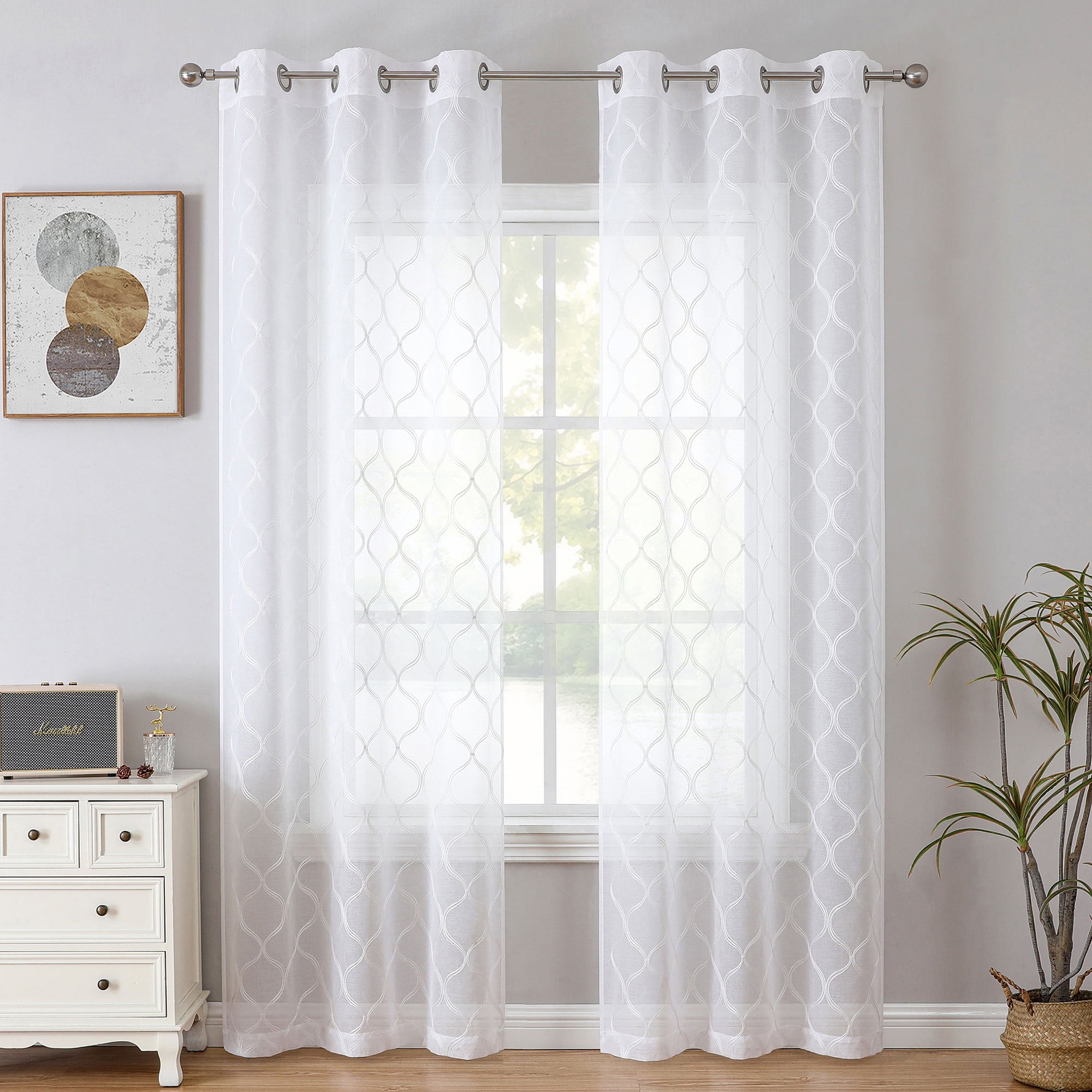 Pinewave Sheer Curtains, 38x84 inch, Geometric Embroidered Tulle Panels ...