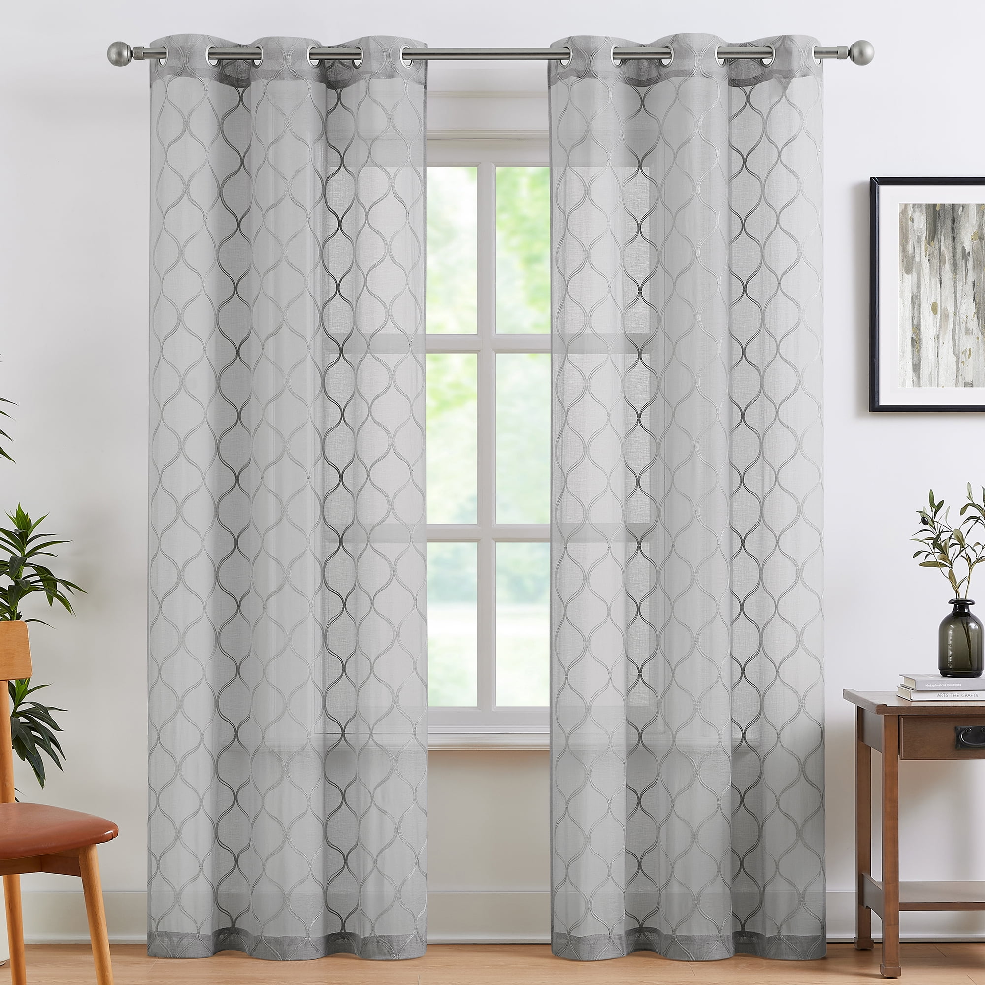 Pinewave Sheer Curtains 84 inch Modern Moroccan Embroidered Geometric ...