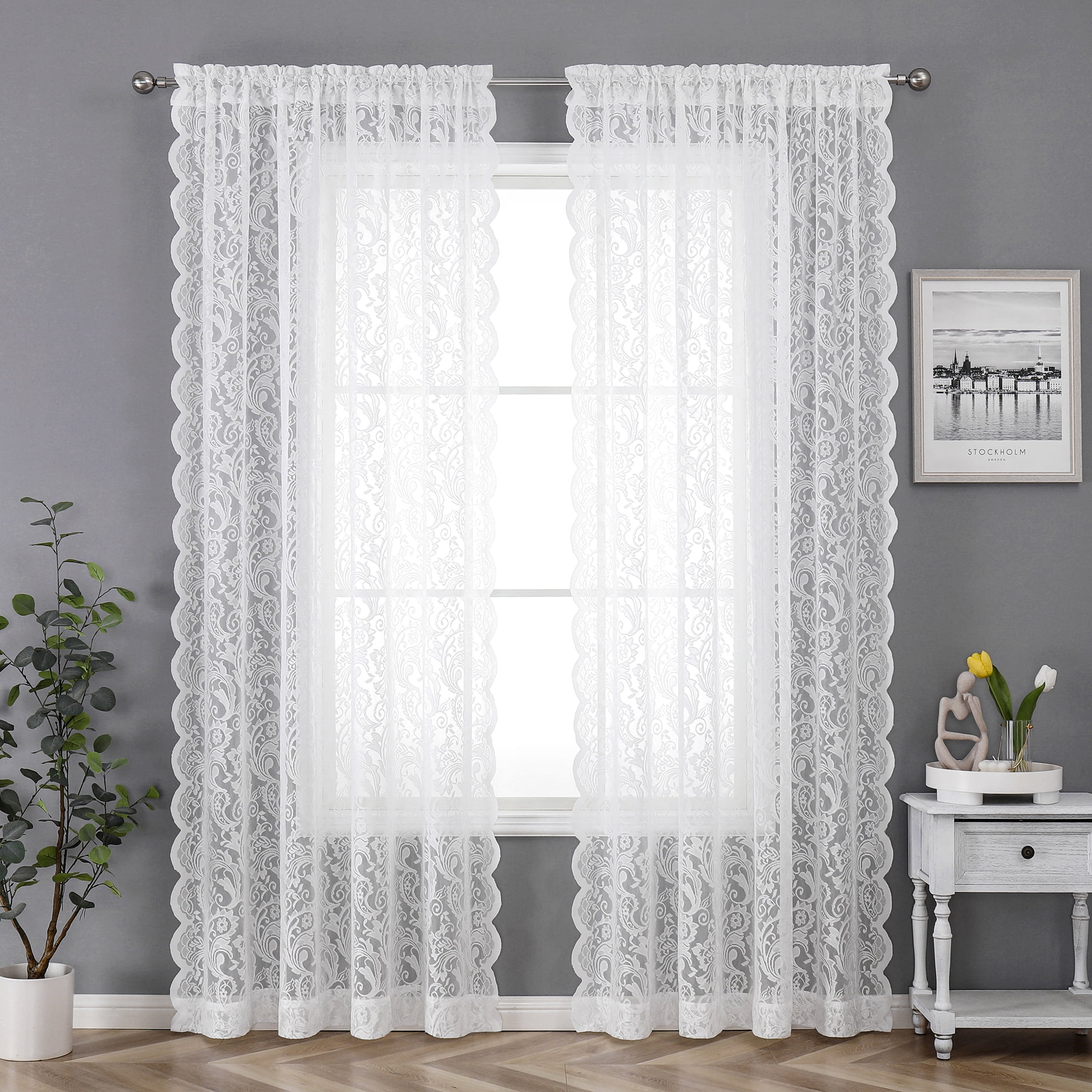 "Pinewave Elegant Lace Curtains for Bedroom Windows, Vintage Floral ...