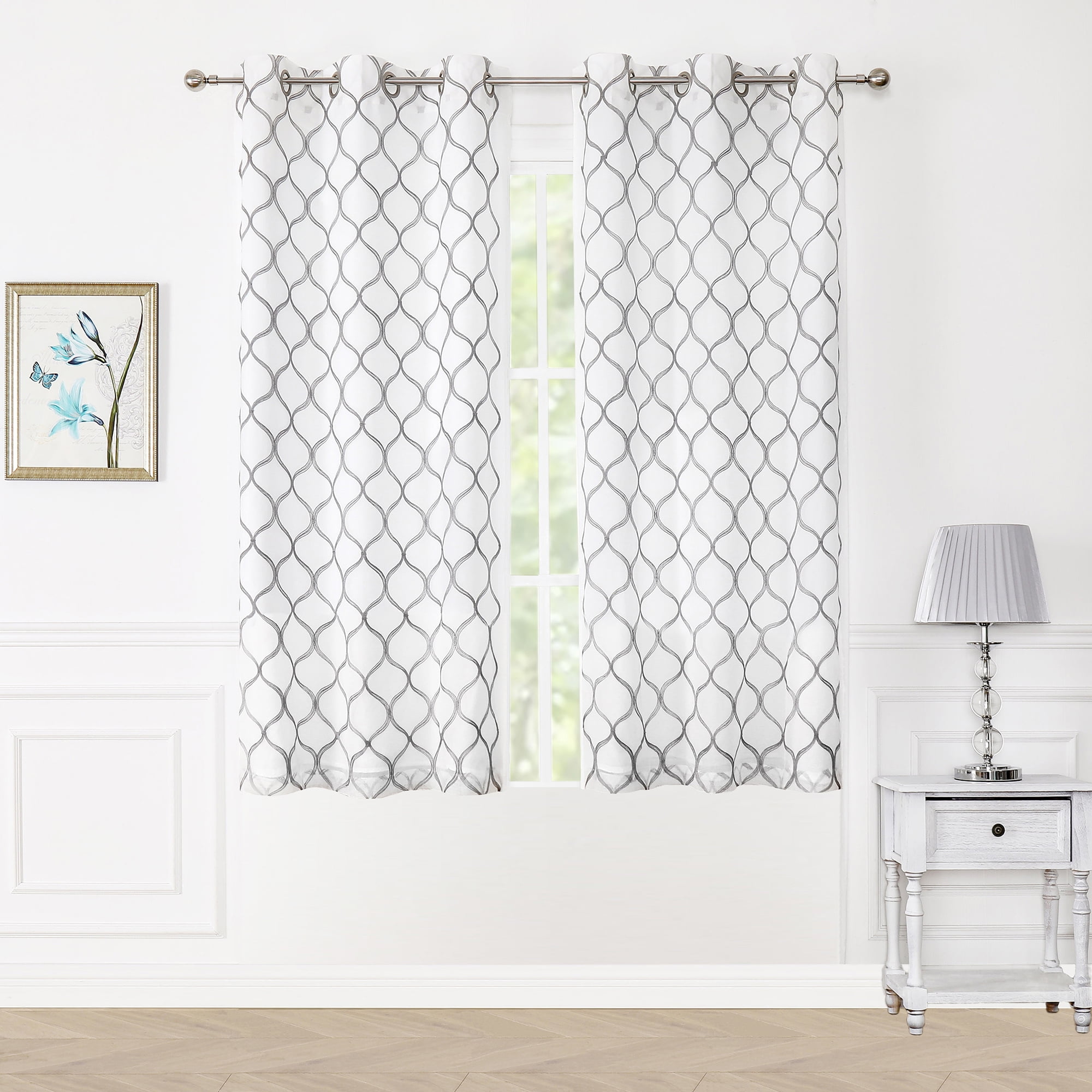 Pinewave White and Grey Geometric Semi Sheer Curtains Embroided Moroccan for Bedroom Grommet Top ...