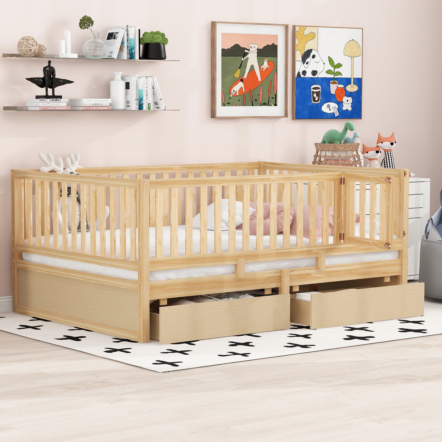 Pinewood and MDF full daybed with fence, split and storage - Meets ...