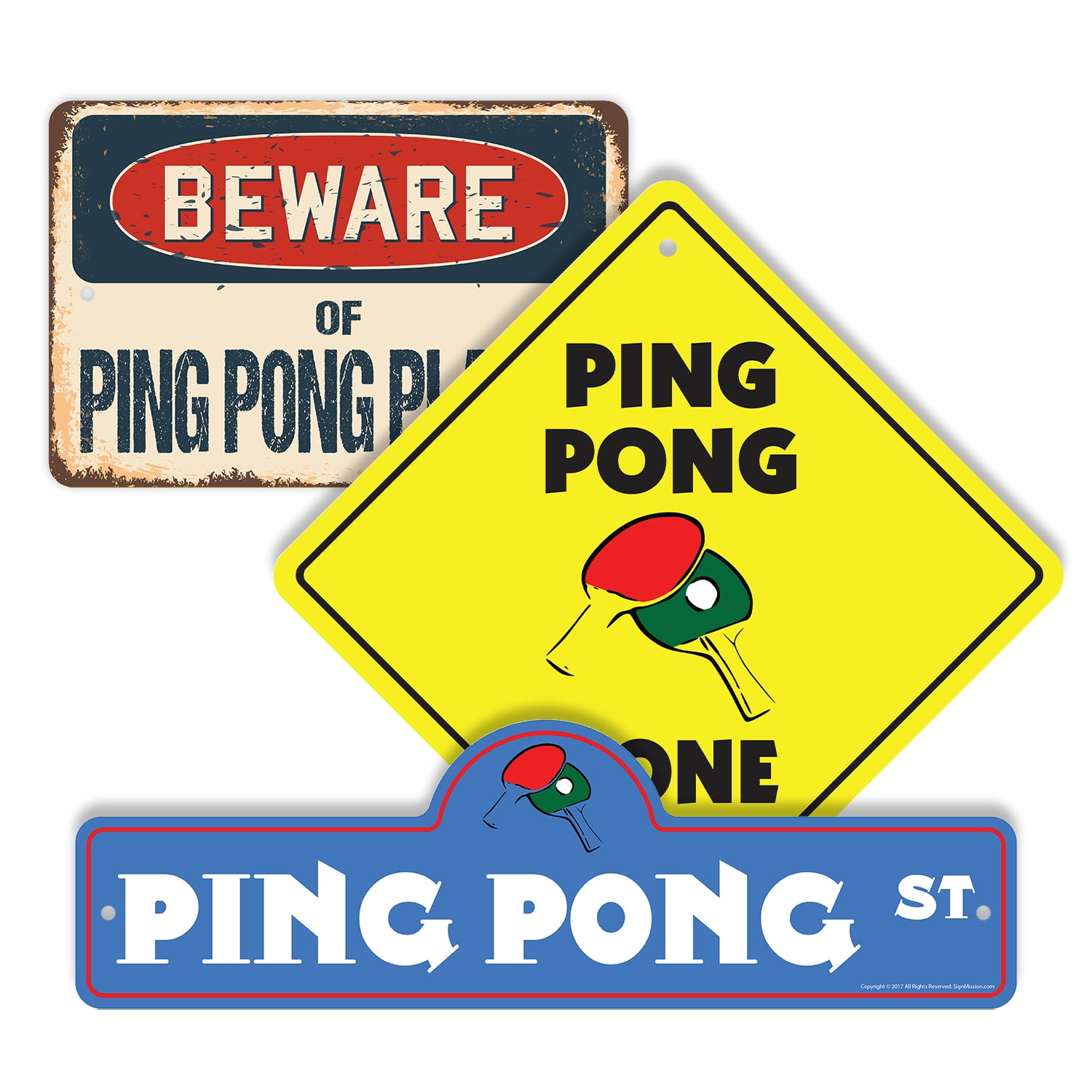 Ping Pong (3 Pack) Plastic Street Sign Crossing Sign Warning Sign Vintage Rustic Beware Warning ...