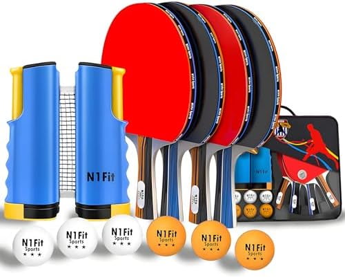 Ping Pong Paddle Set - 4 Professional Rackets, Retractable Net, 6 Pig ...