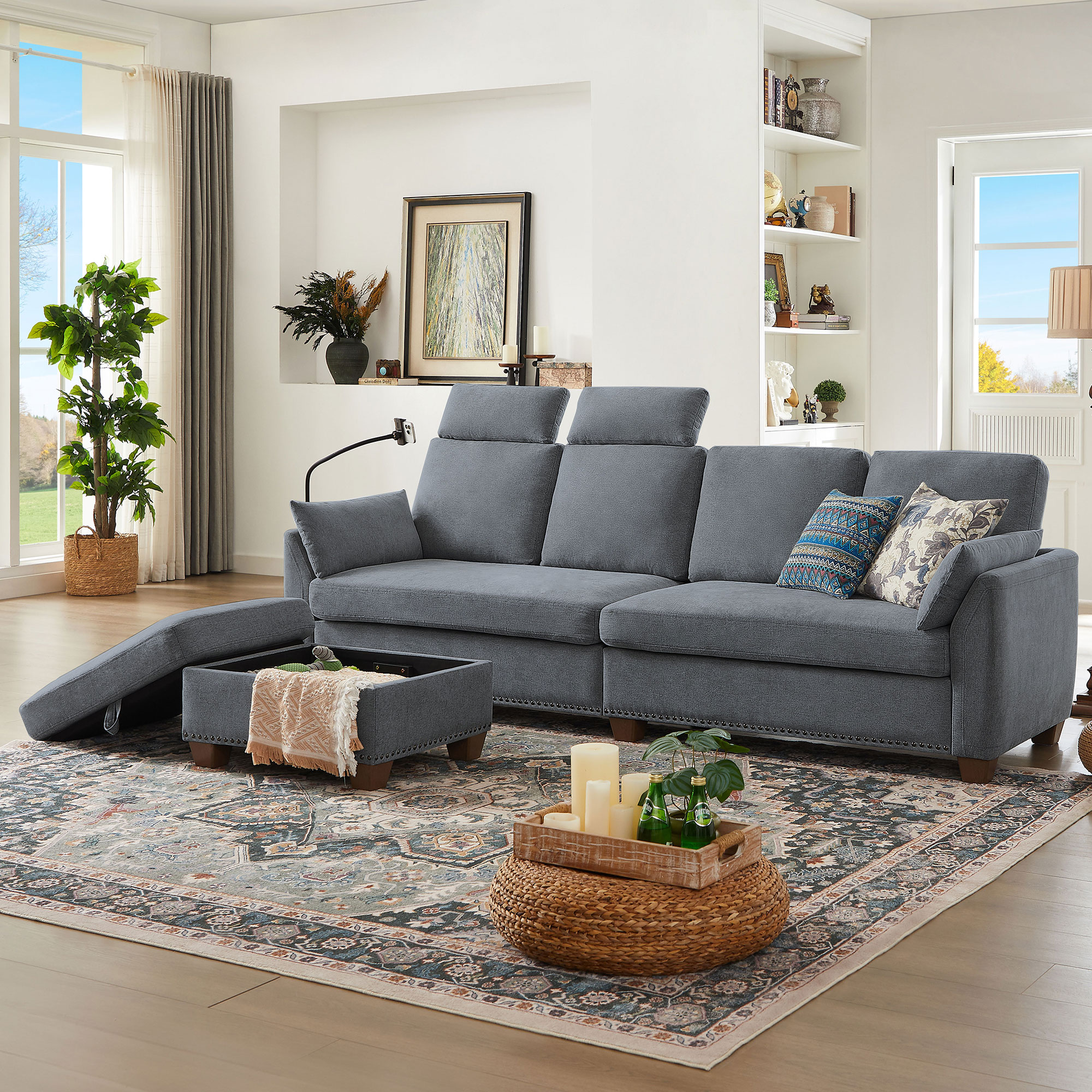 Pingliang Home Convertible Sectional Sofa with Storage Ottoman, Modern ...