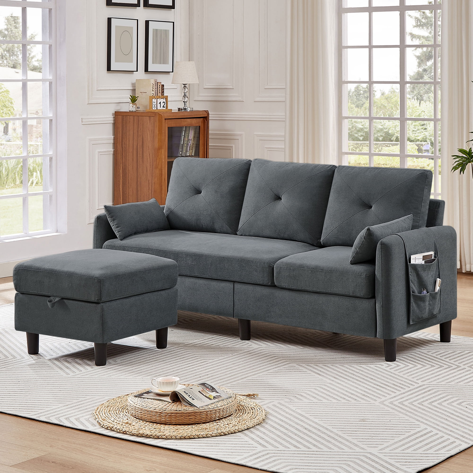 Pingliang Home Dark Gray Sectional Sofa with Storage Ottoman,3 Seat ...