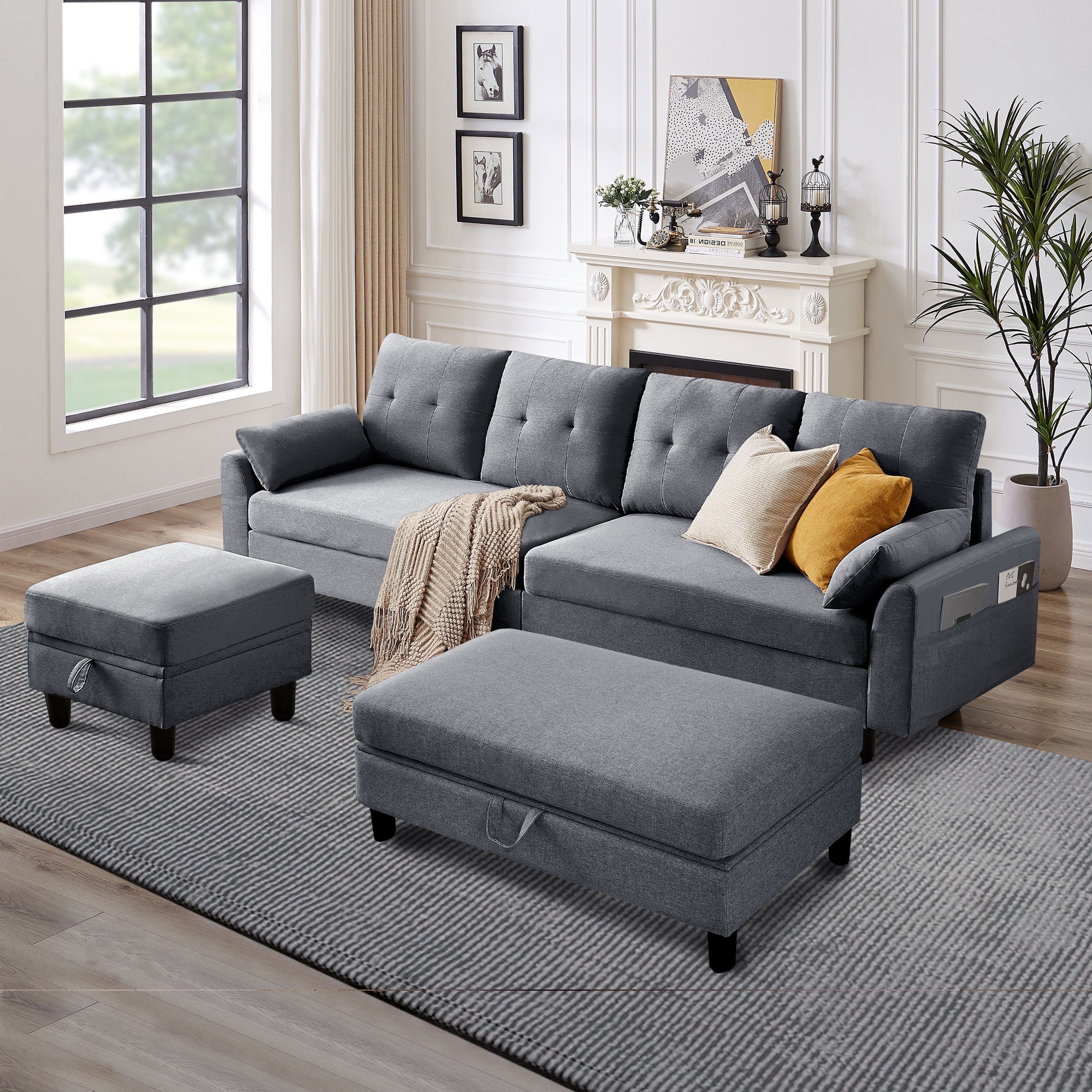 Pingliang Home 3-Seat L-Shaped Sectional Sofa with Convertible Ottoman ...
