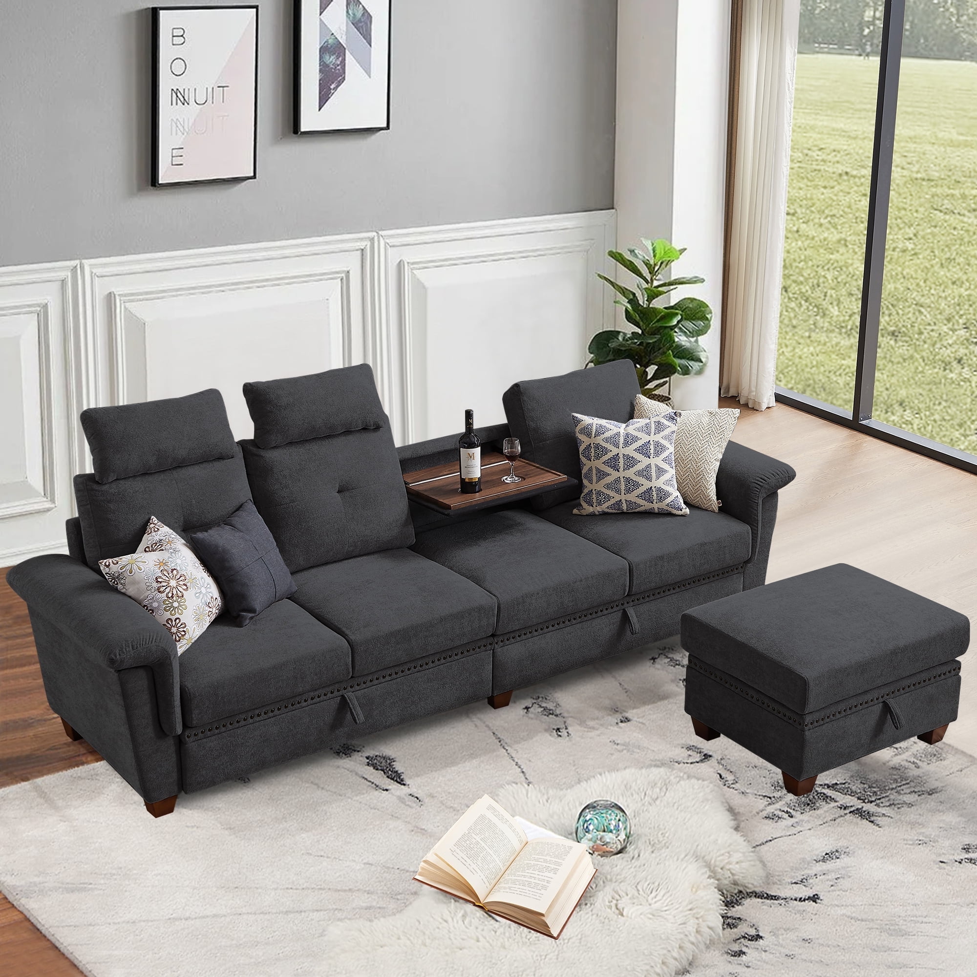 Pingliang 4-Seat L-Shaped Sofa with Storage Ottoman, Adjustable ...