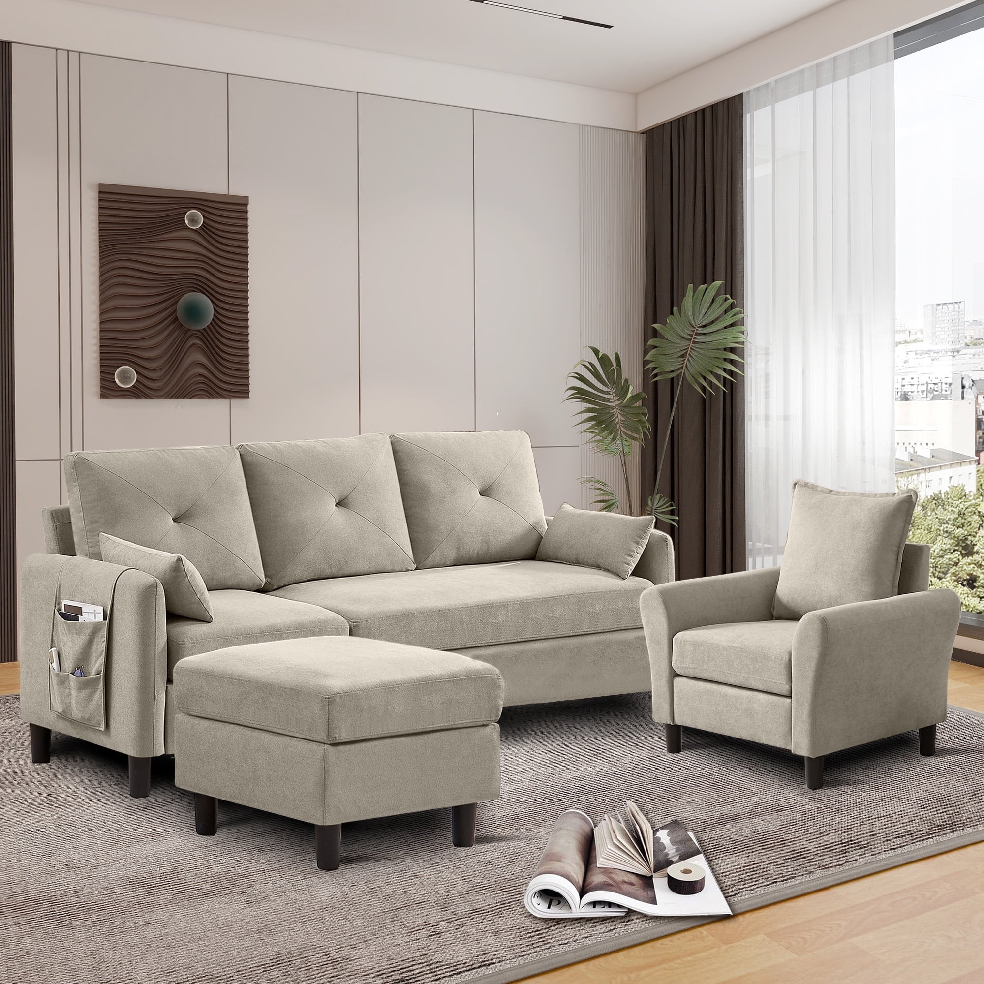 Pingliang Home Sofa Set, Convertible Sectional Sofa & Accent Chair,3 ...