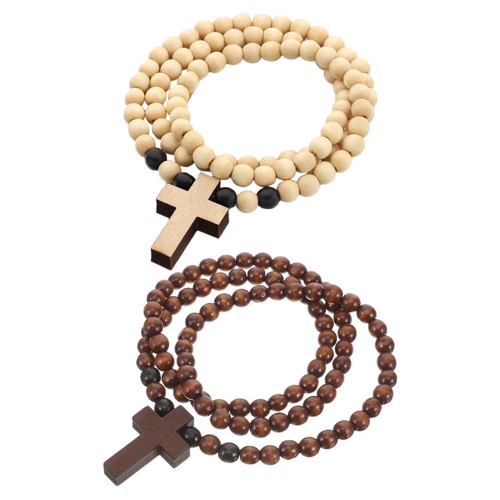 Pingxizhi 2Pcs Prayer Bead Pendant Cross Pendant Necklace Men Wood ...