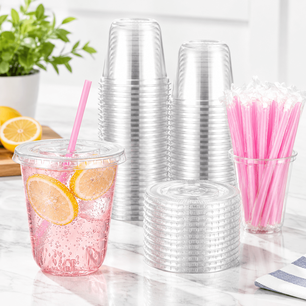 Pink 10 oz 50 Pack PET Plastic Cups with Lids and Straws for Iced ...