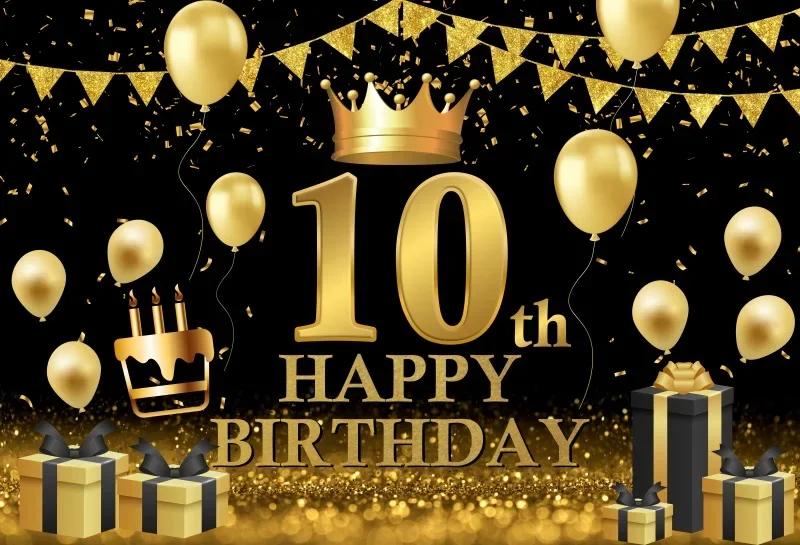 Pink 10th Photo Backdrop Happy Birthday Party Gold Balloon Boy 10 Ten ...