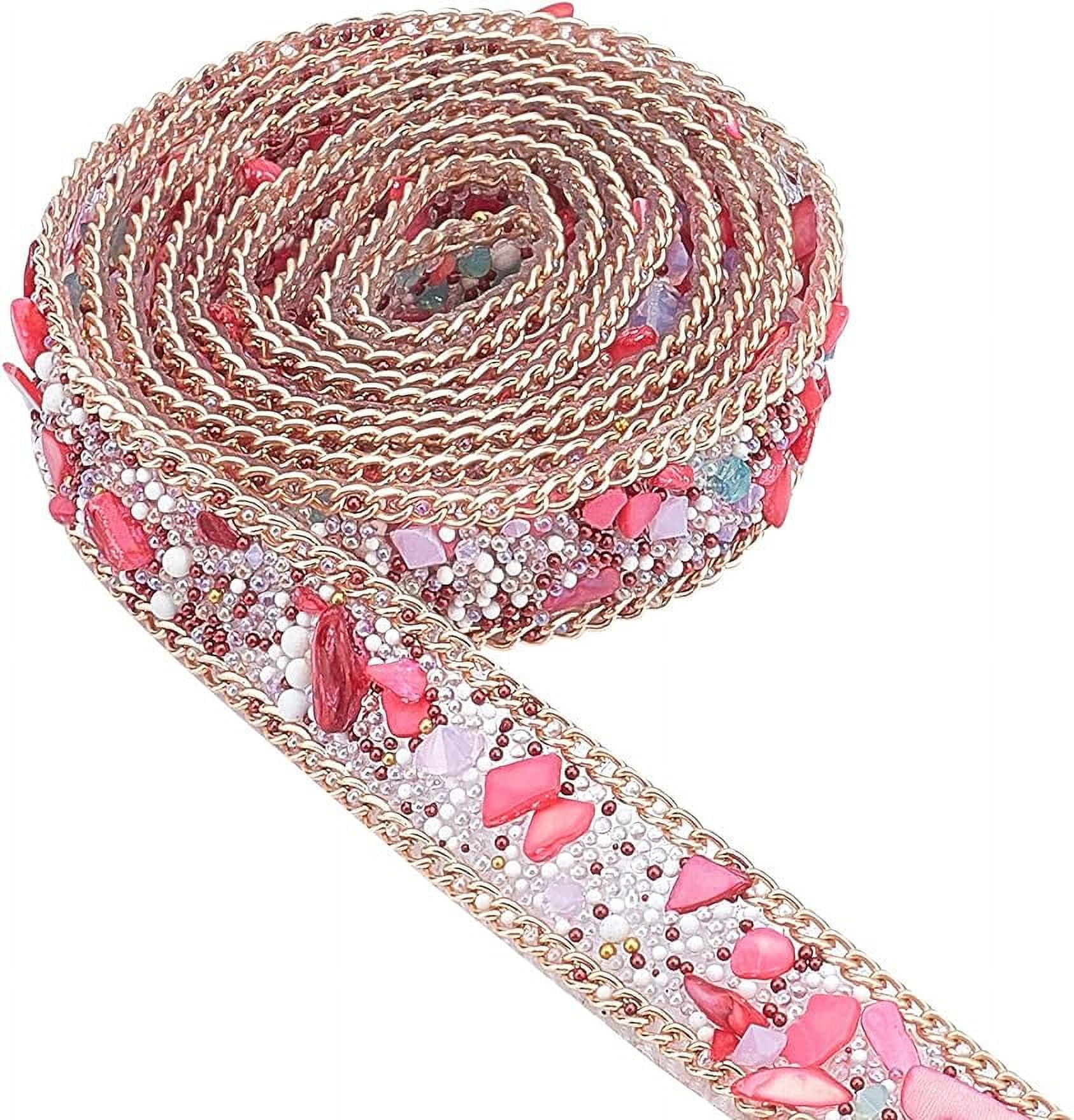 Pink 15mm Wide Glass Hotfix Rhinestone Beaded Trim Gemstone & Seedbeads ...