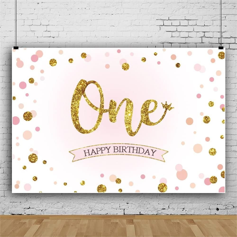 Pink 1st Birthday Backdrop for Girls Gold Spots Crown White Photography ...
