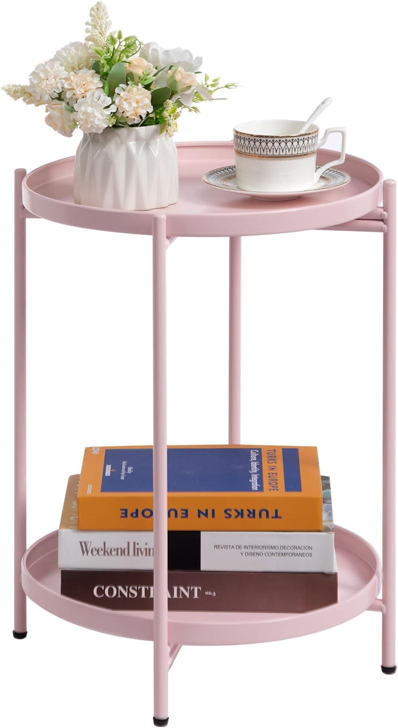 Pink 2-Tier Round Side Table, Outdoor Small Folding Accent Stand with ...