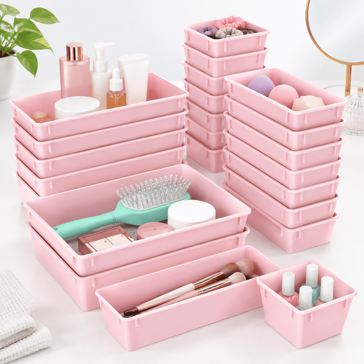 Pink 25-Piece Plastic Drawer Organizer Set, Multi-Size Stackable Makeup ...