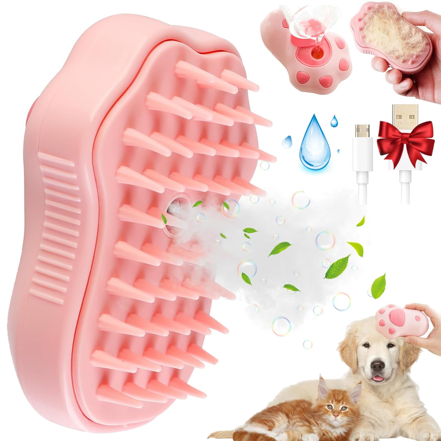 Pink 3-In-1 Self-Cleaning Pet Brush with Water Spray, Massaging Steamer ...