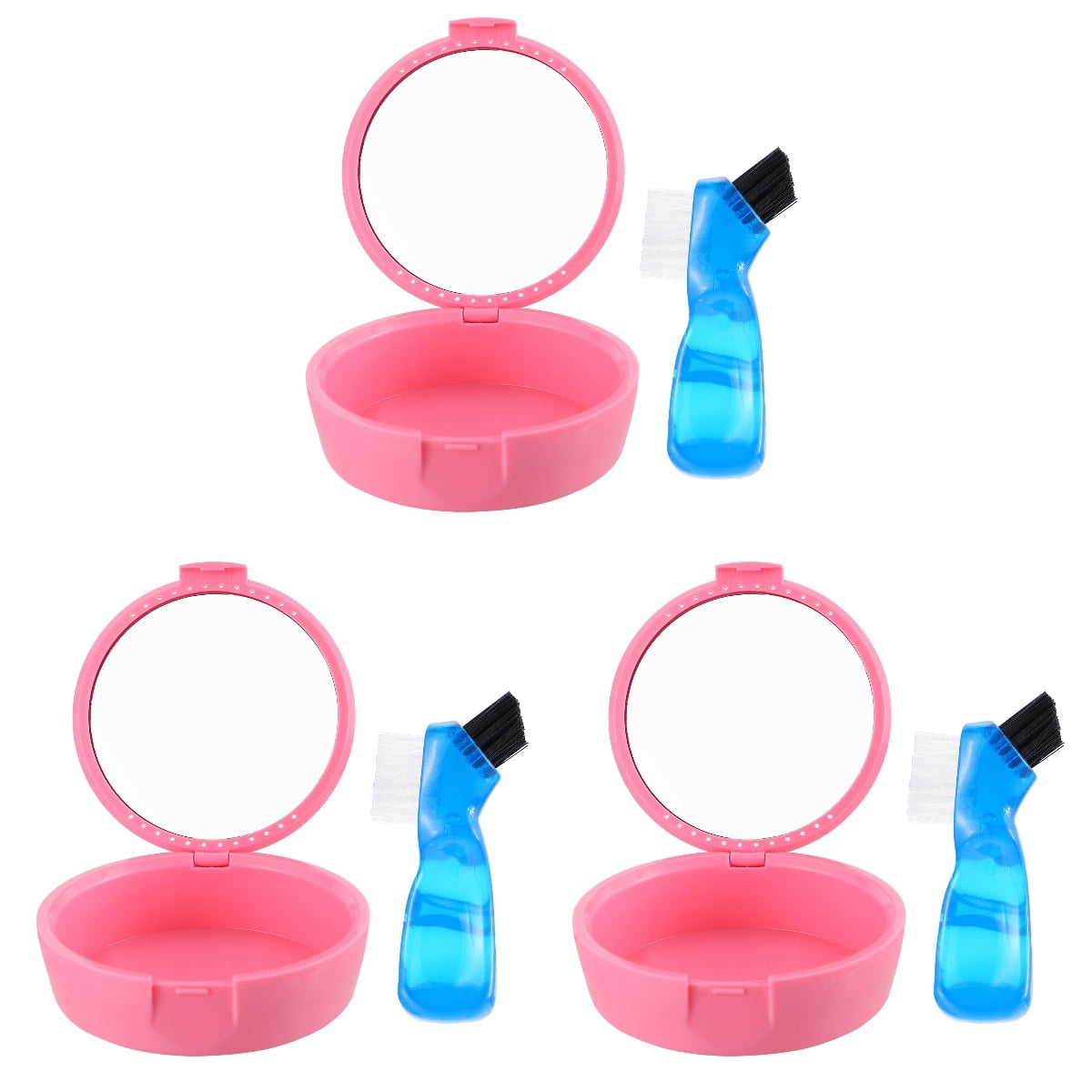 Pink 3 Sets Fake Teeth Denture Brush Slim Retainer Case Container Round ...