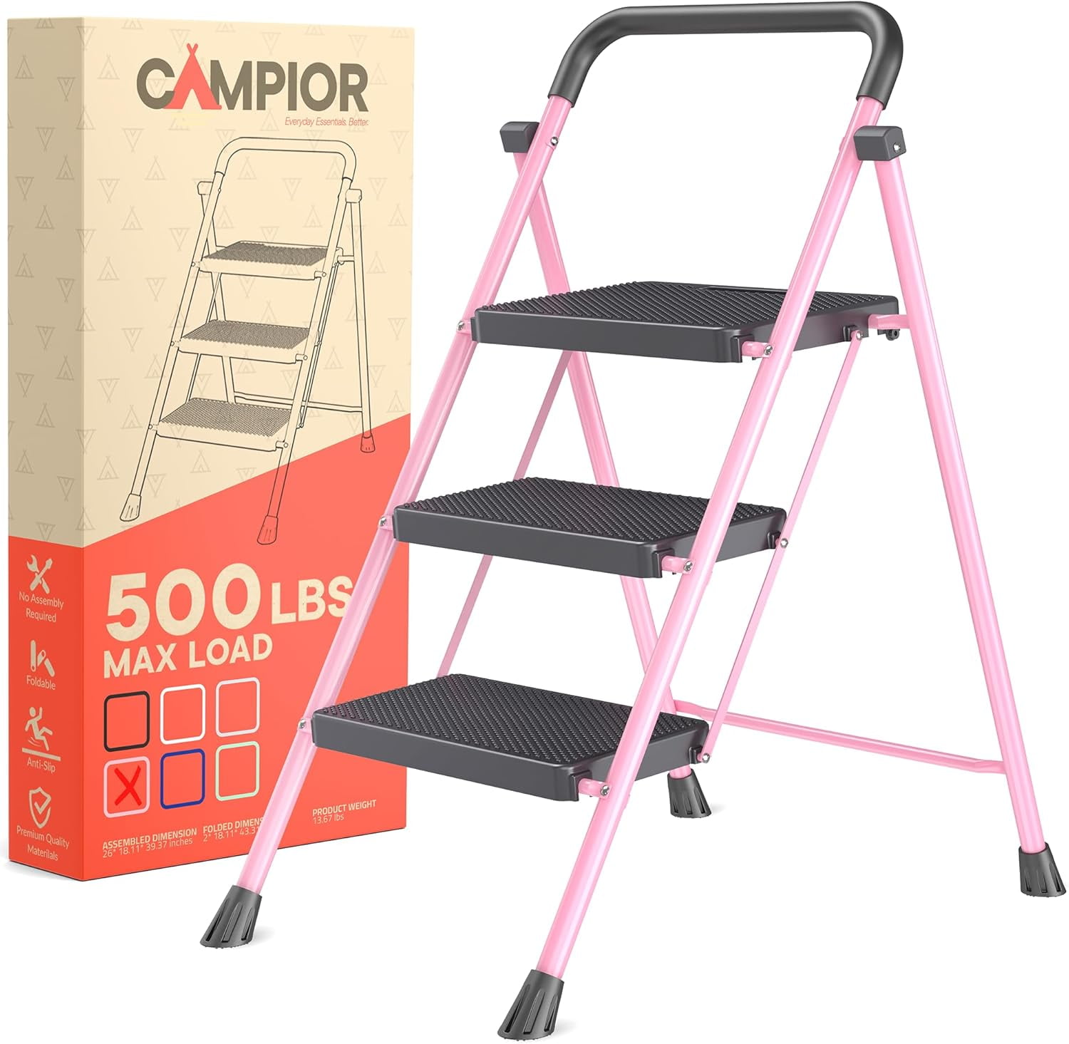 Pink 3 Step Stool Foldable – Heavy-Duty Foldable Step Stool for Adults, 500 lbs Capacity, Anti ...